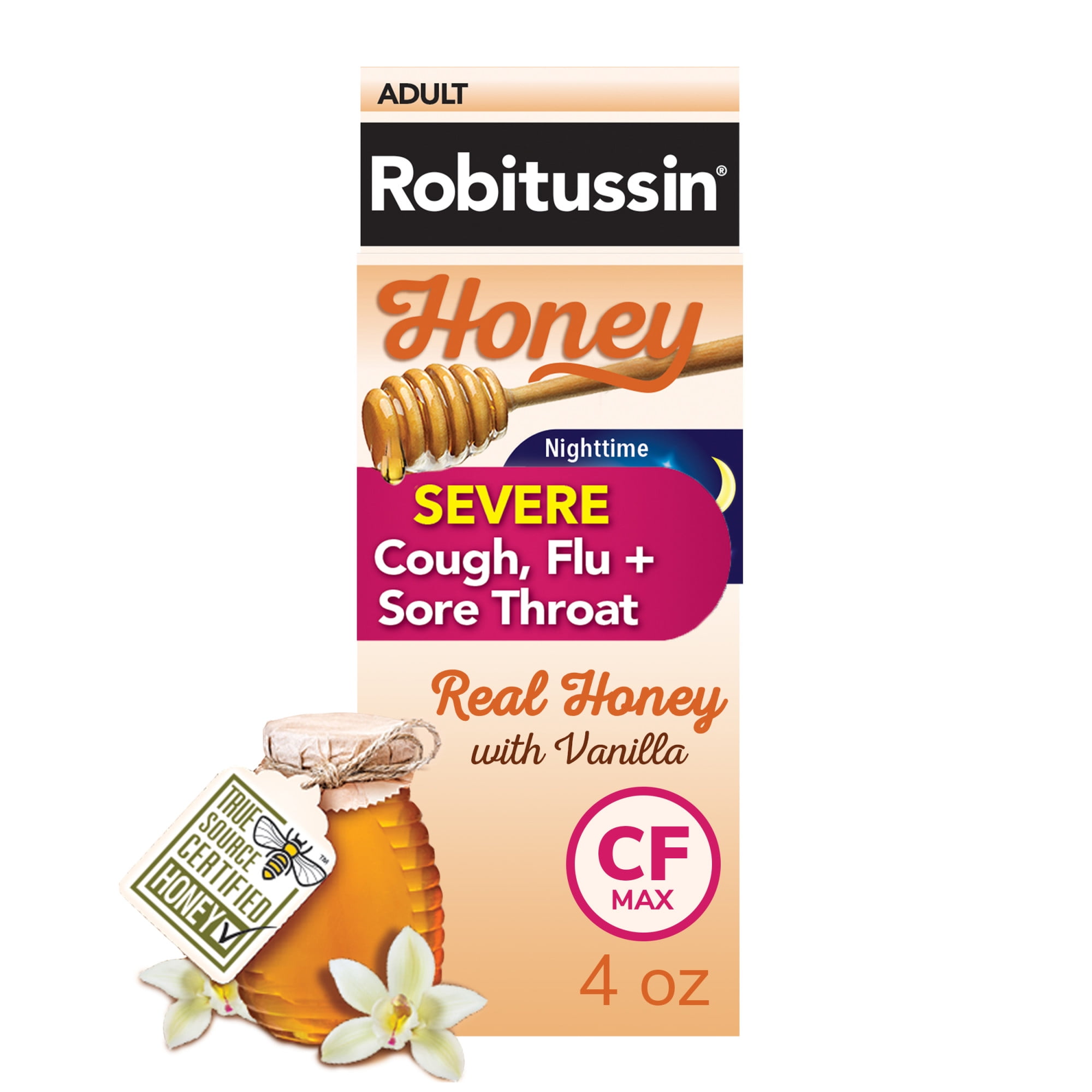 Robitussin Honey Severe Cough, Flu & Sore Throat Nighttime Max Syrup ...