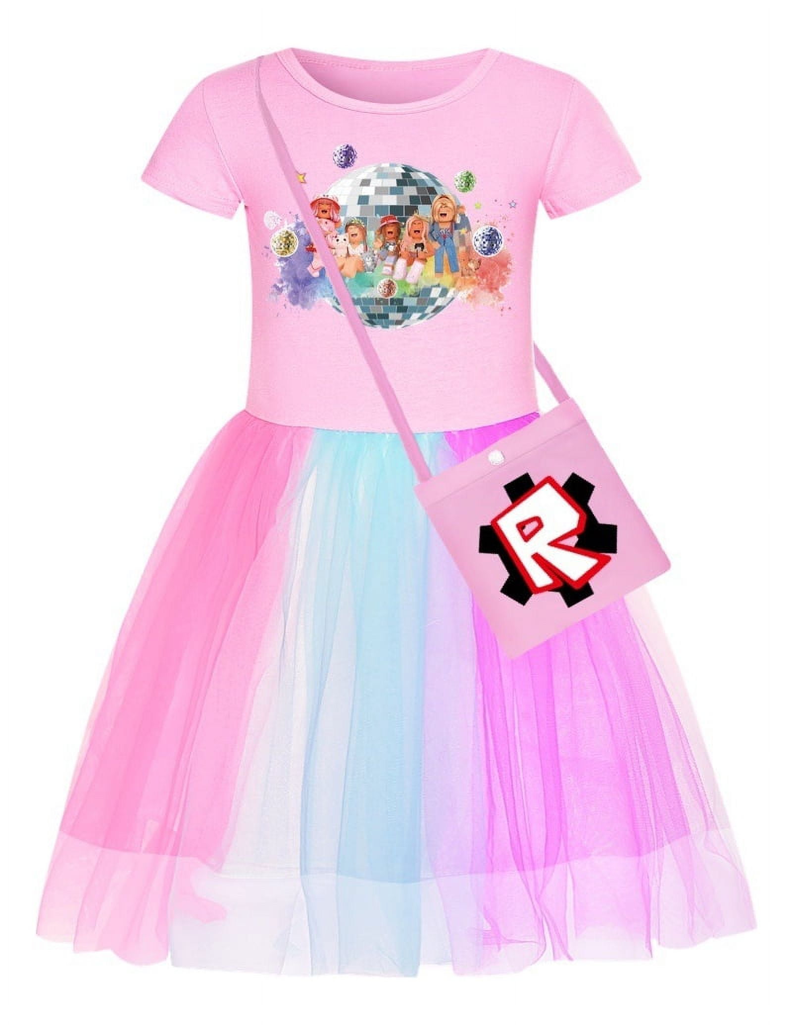 Roblox Girls Pink Princess Dress with Rainbow Tulle Skirt and Bow Tie ...