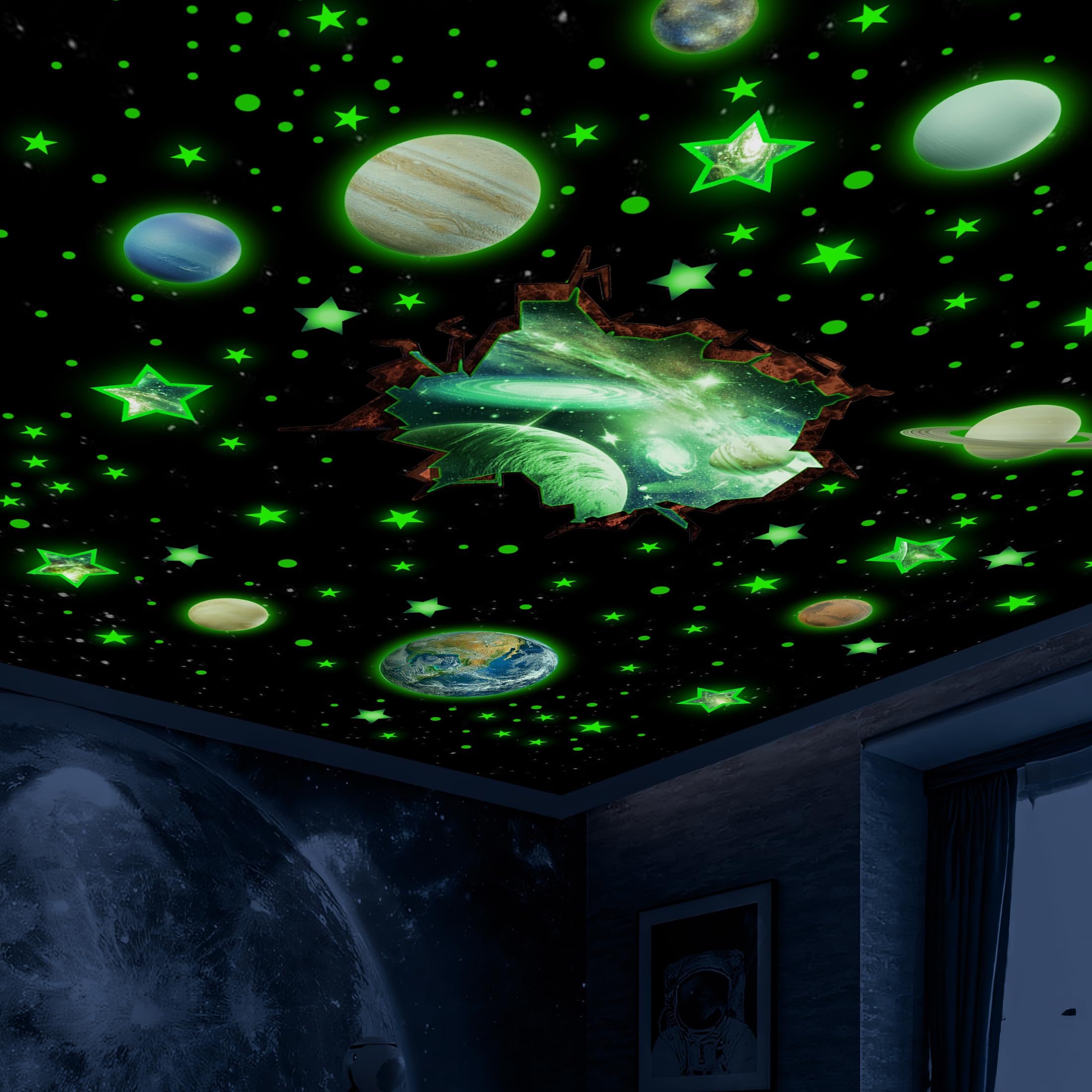 Robmoda Stars and Planets Wall Decals Glow in The Dark, Earth Solar System Stickers for Ceiling ...