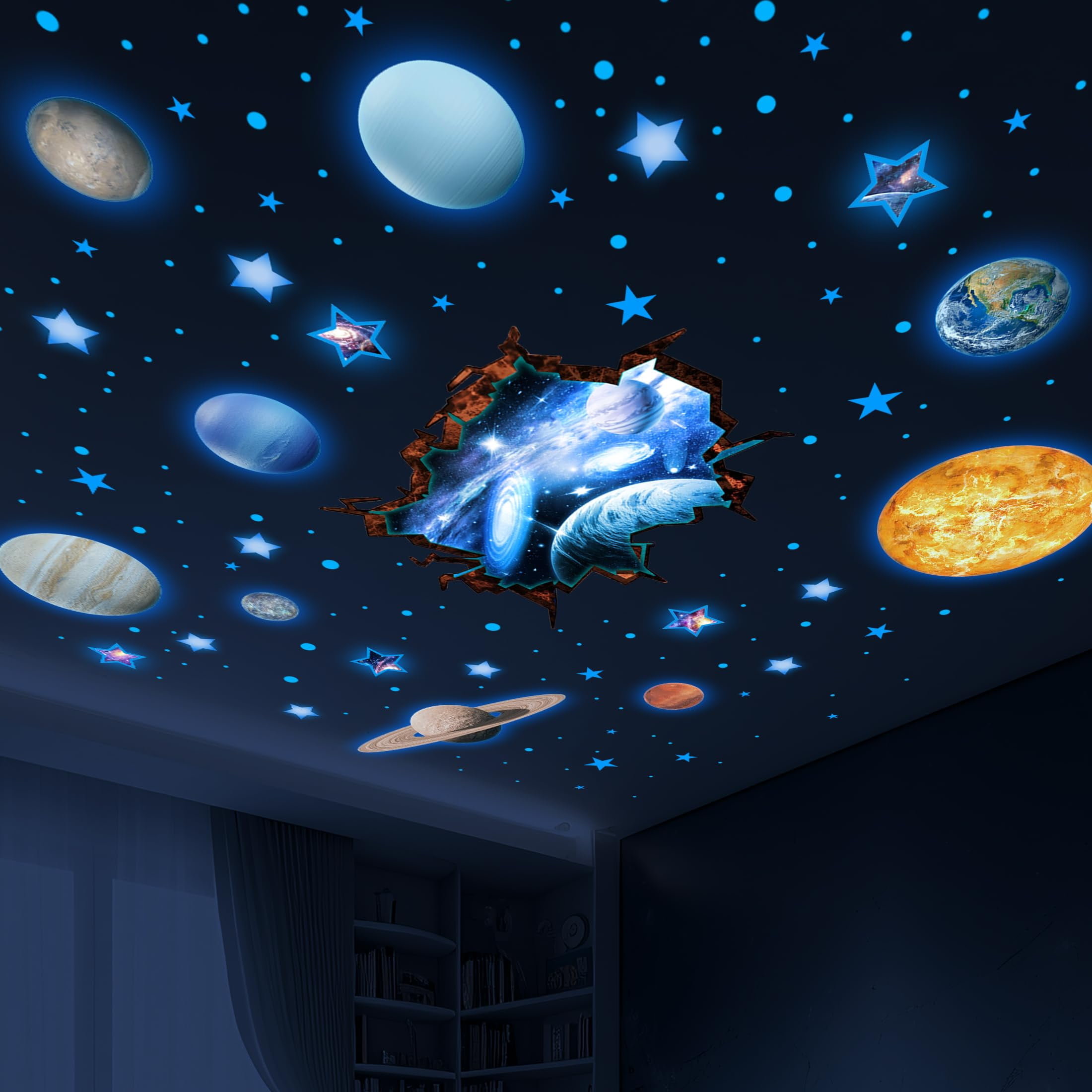 Robmoda Stars and Planets Wall Decals Glow in The Dark, Sun Solar ...