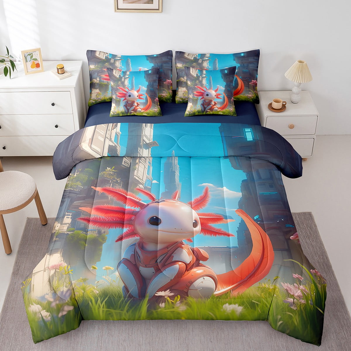 Robot Axolotl Bed In A Bag Full Size,Cute Kawaii Axolotl Comforter Sets ...