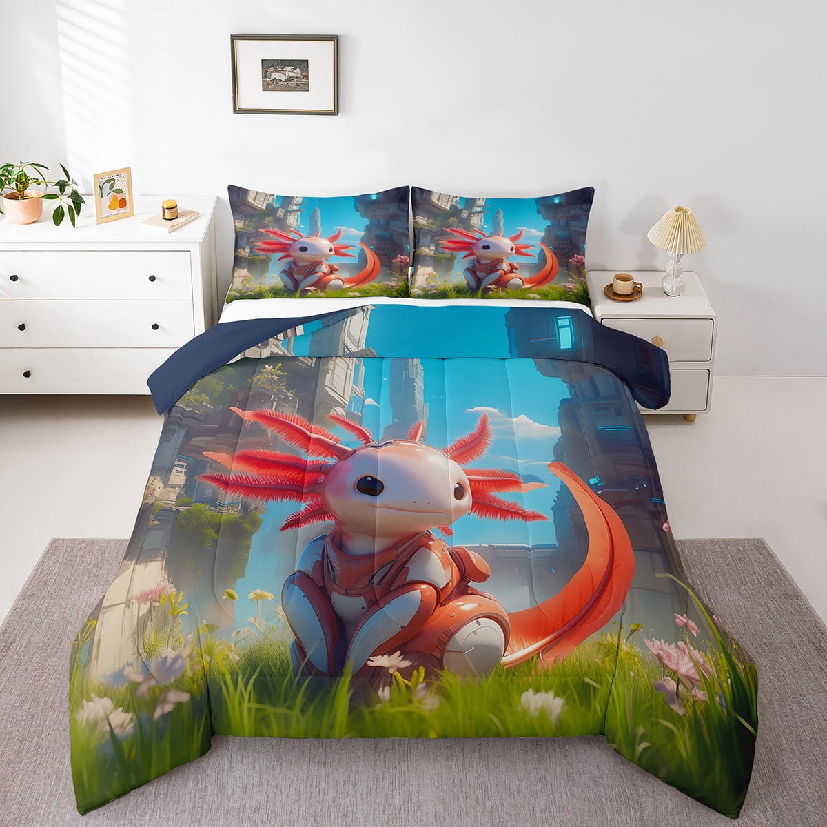 Robot Axolotl Bedding Set King Size,Cute Kawaii Axolotl Comforter Sets ...
