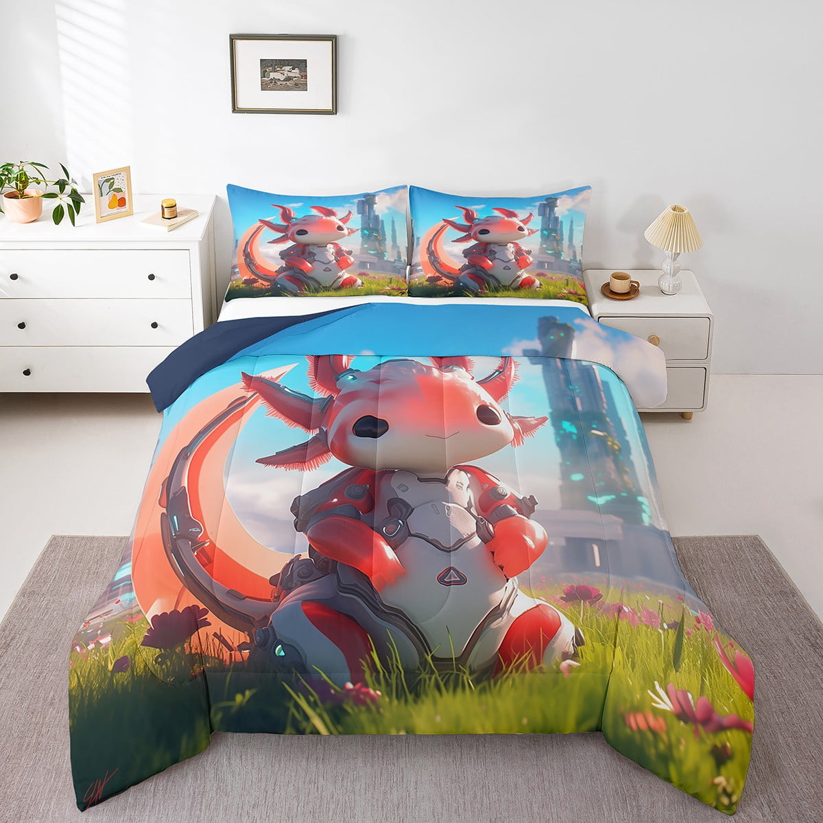 Robot Axolotl Down Comforter,Cartoon Animal Salamander King Comforter ...