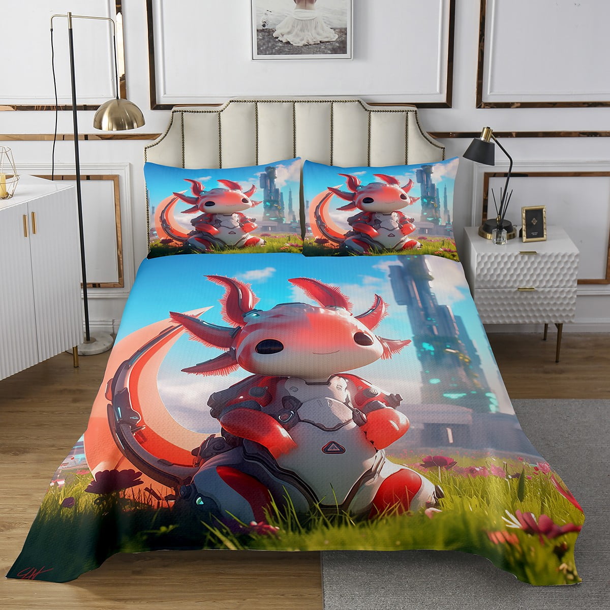 Robot Axolotl Coverlet Set,Cartoon Animal Salamander King Bedspread Set ...