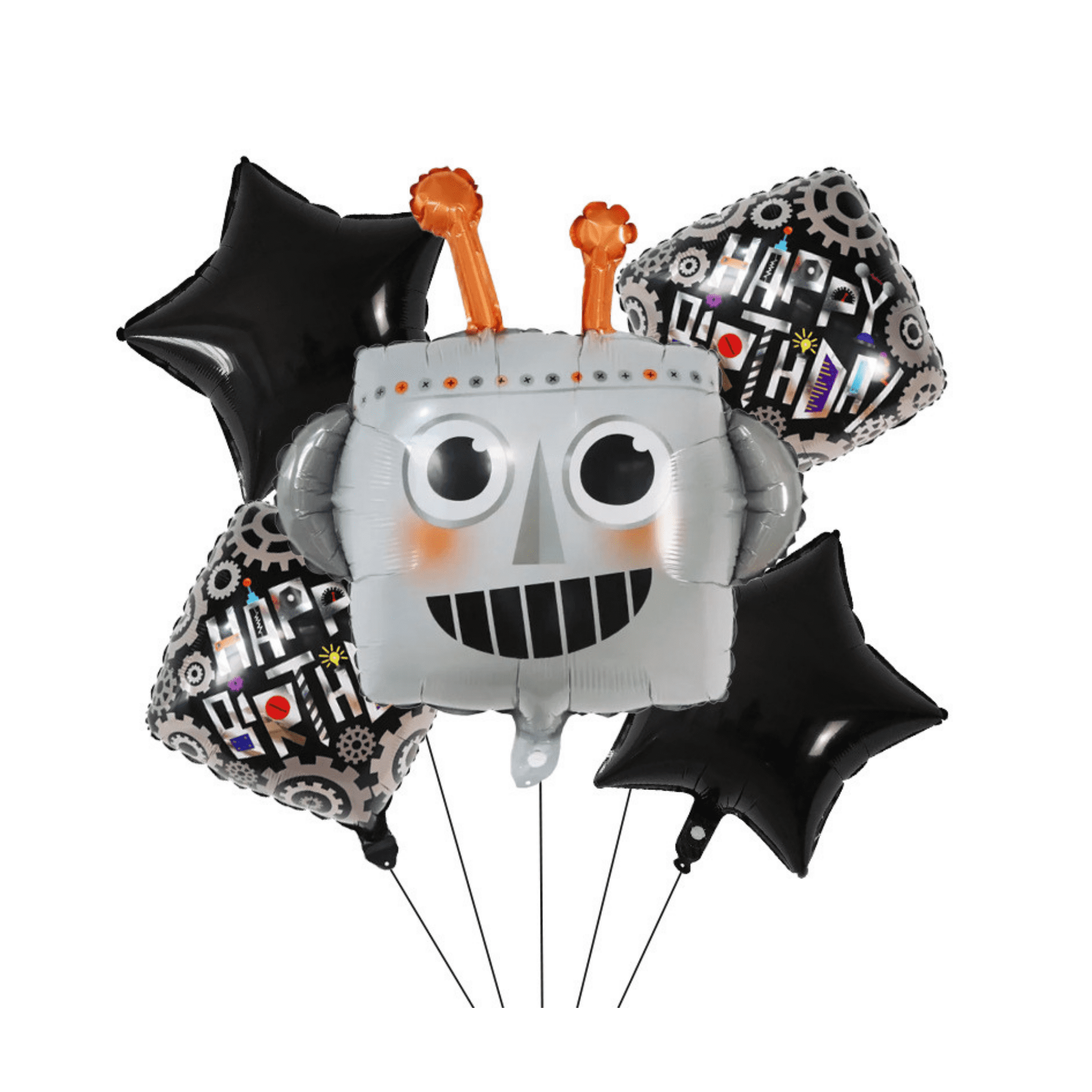 Robot Birthday Party Balloon Set with Black Stars and Happy Birthday ...