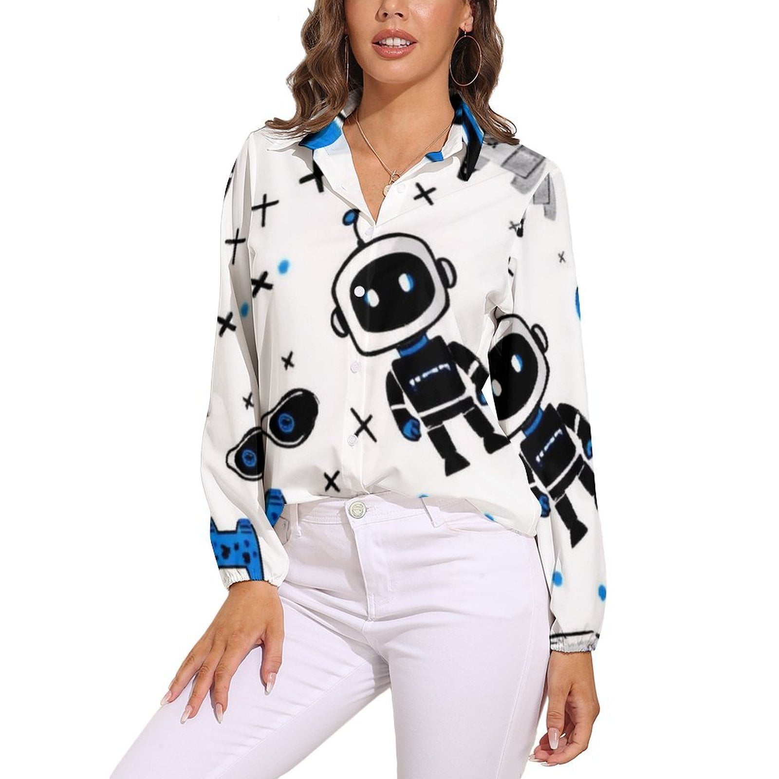 Robot Game Controllers Pattern Vntage Casual Long Sleeve Shirt Blouse ...