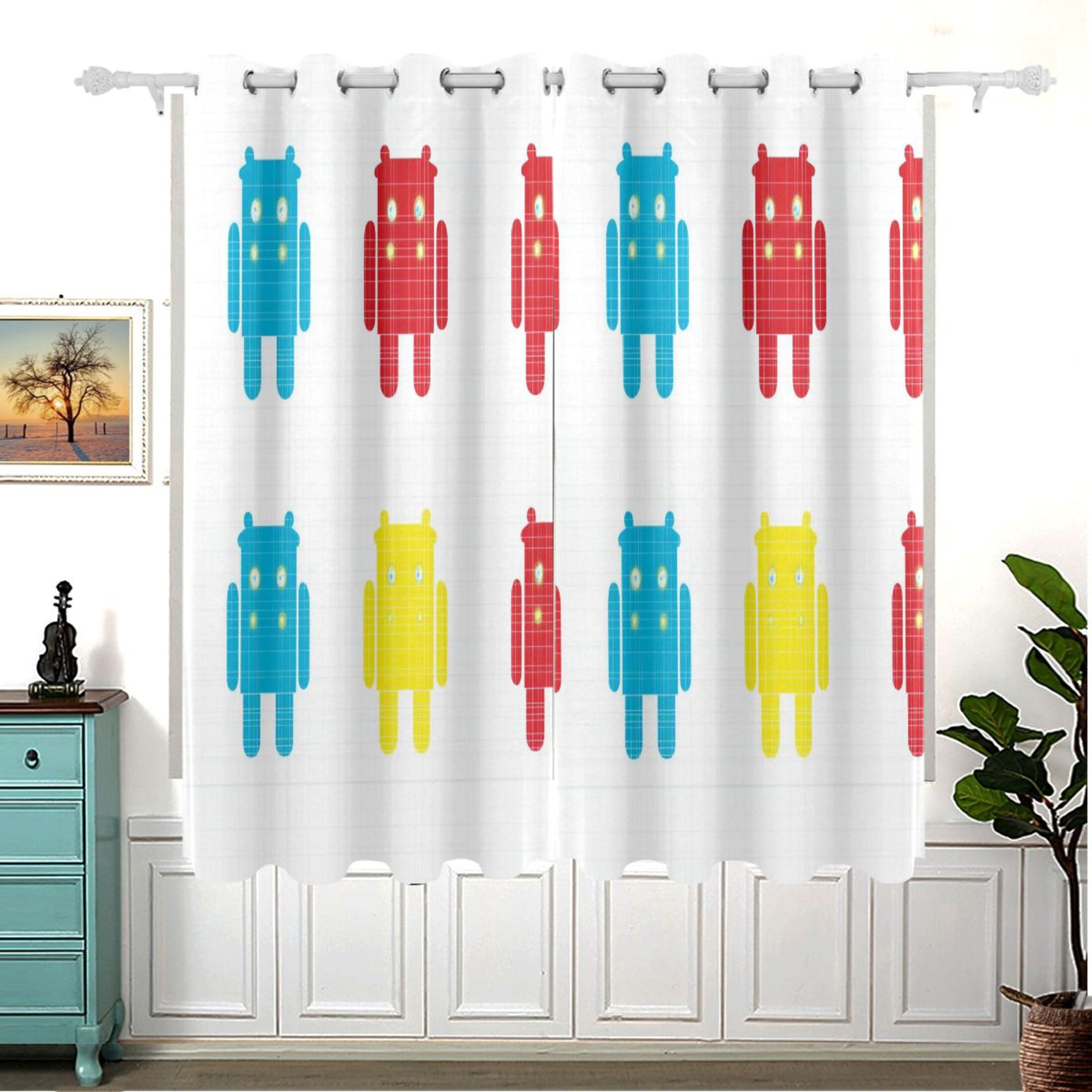 Robot Pattern Thermal Blackout Curtains 63x55 Inch 2 Panels Grommet ...