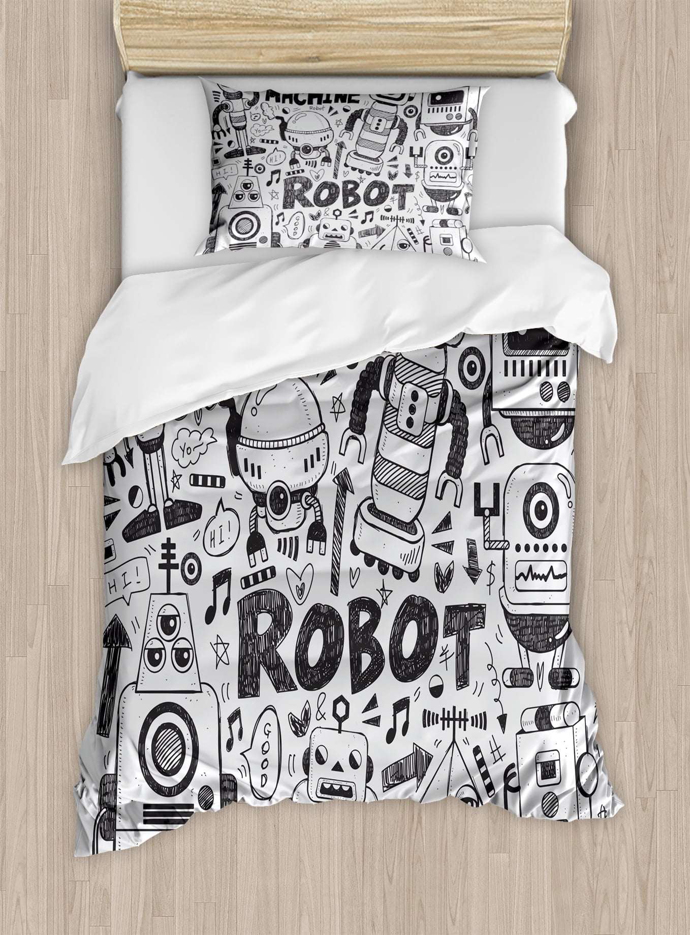 Robot Twin Size Duvet Cover Set, Futuristic Space Doodle Style Androids ...