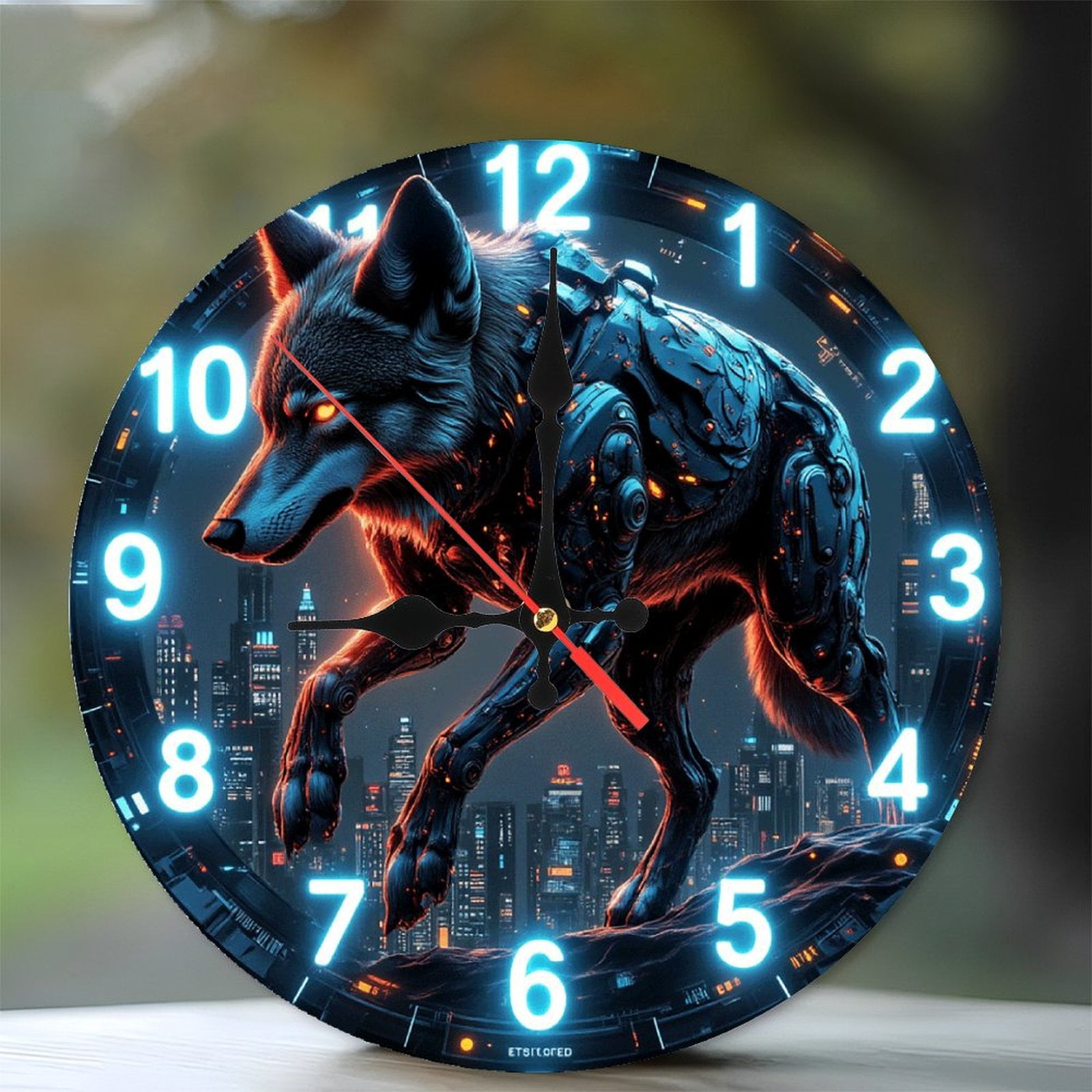 Robot Wolf Wall Clock with Neon LED Lights 10-Inch Silent Wooden Wall Clock, Battery Operated ...