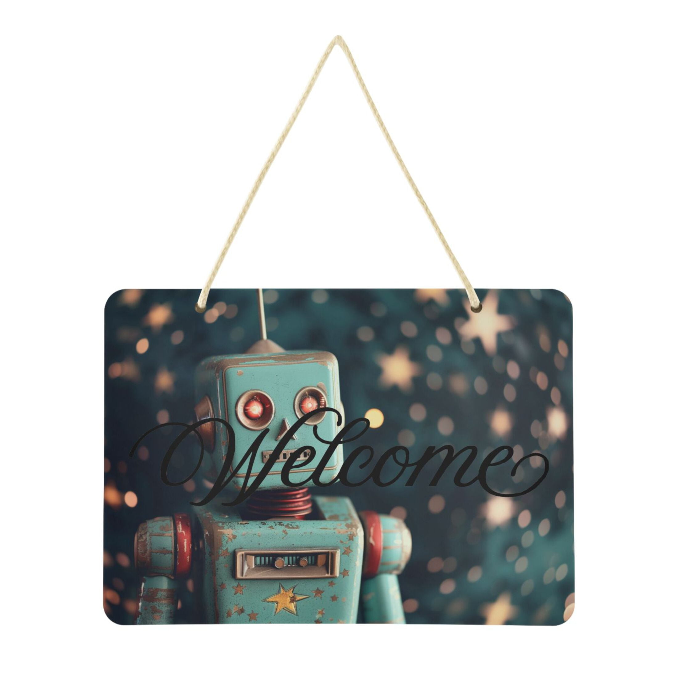 Robot and Star Welcome Sign Front Door PVC 14x10 inch Hanger Hello Sign ...