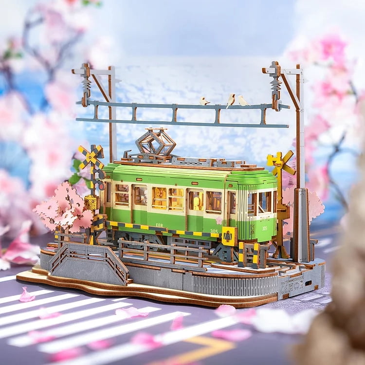 Robotime 3D Wooden Puzzle Sakura Journey Tram Car Craft Kits With Lights Model Kits Home Decor ...