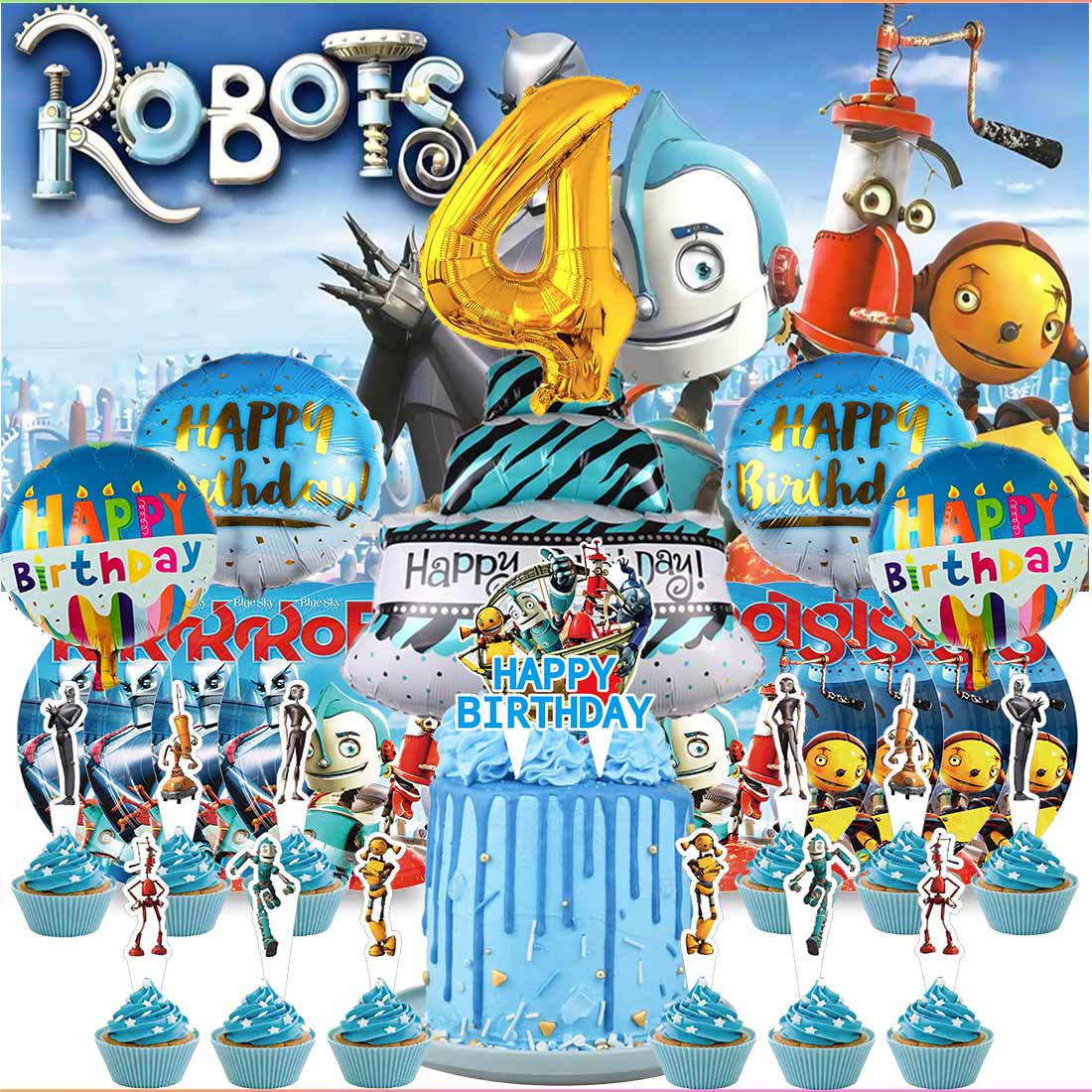 Robots 4th Tableware Balloons Cake Toppers Backdrop Banner Supplies ...