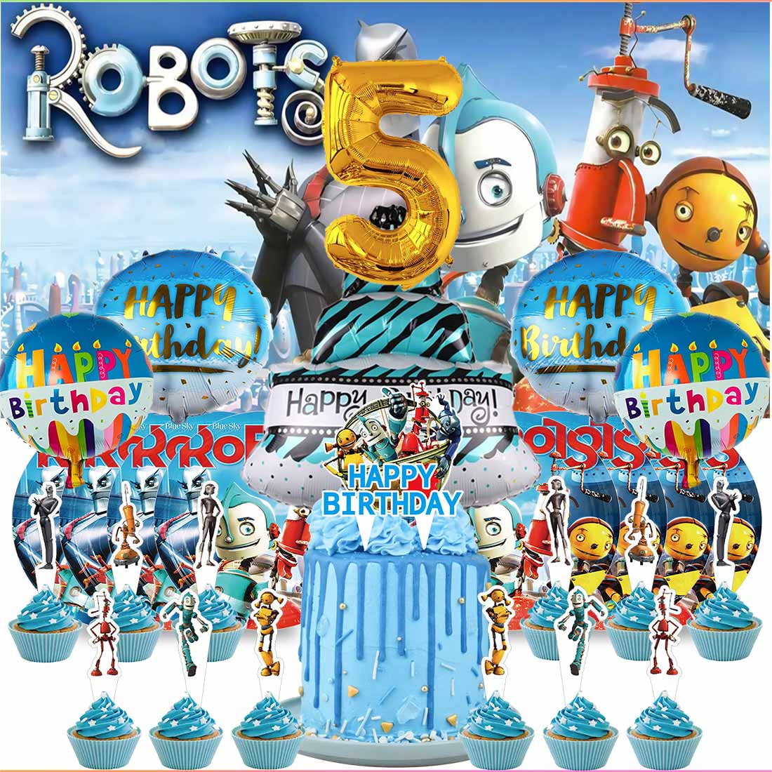 Robots 5th Tableware Balloons Cake Toppers Backdrop Banner Supplies ...