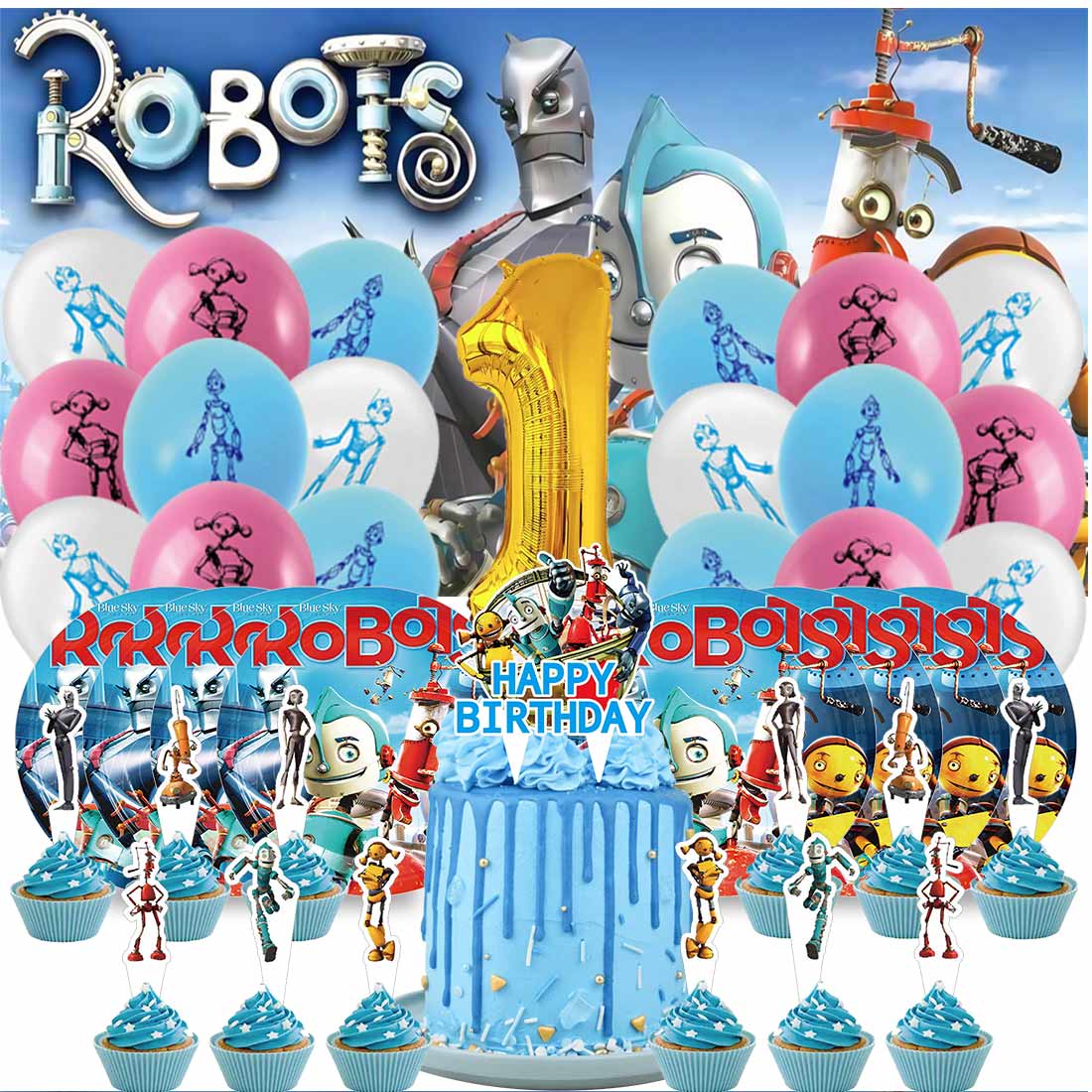 Robots Balloons Party Supplies 1st Decor Tableware Birthday Cake Topper ...