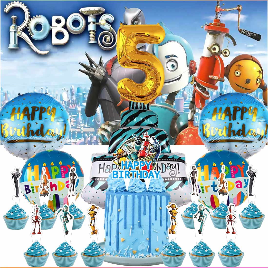 Robots Party Supplies Decor 5th Kit Balloons Birthday Cake Topper ...