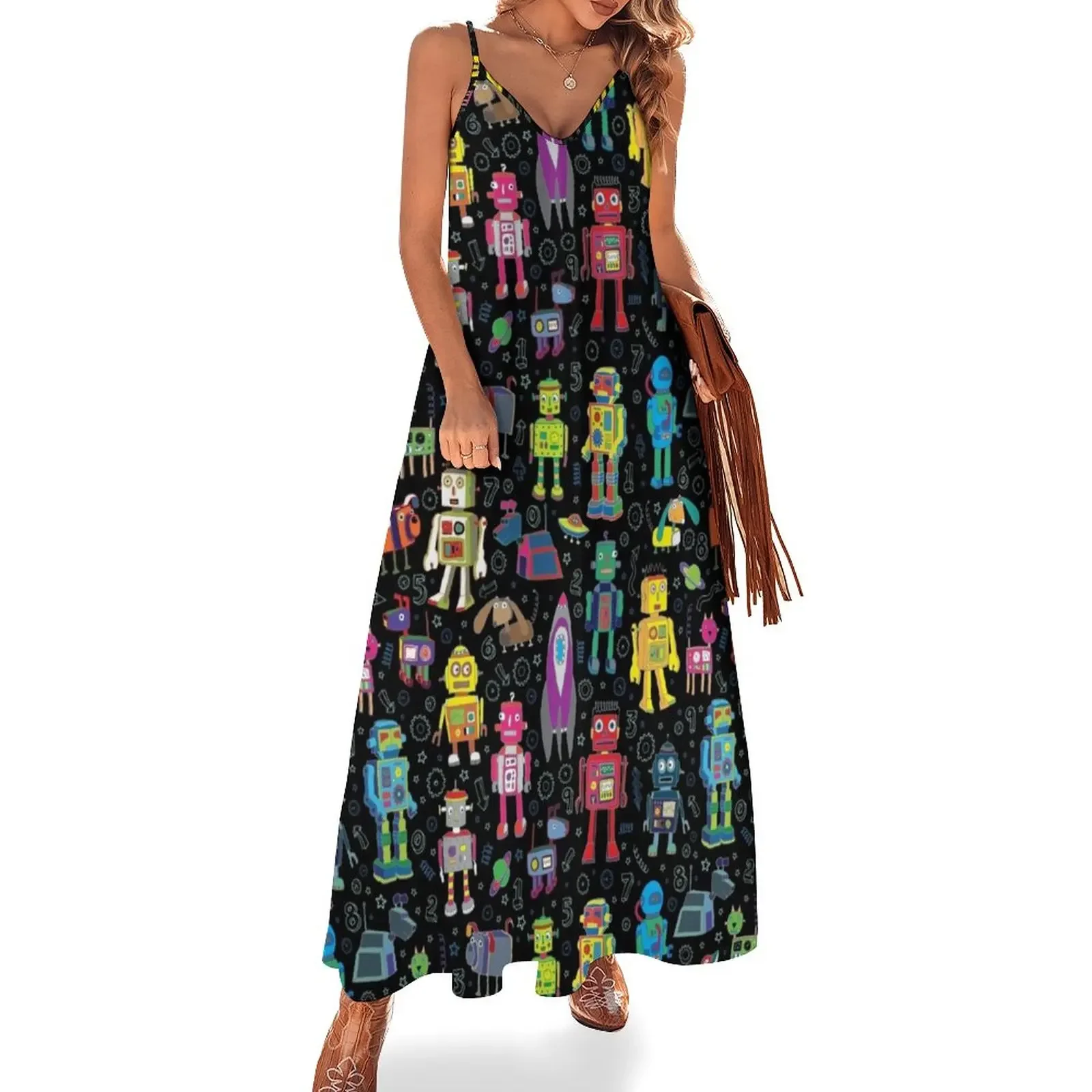 Robots in Space - black - fun pattern by Cecca Designs Sleeveless Dress ...