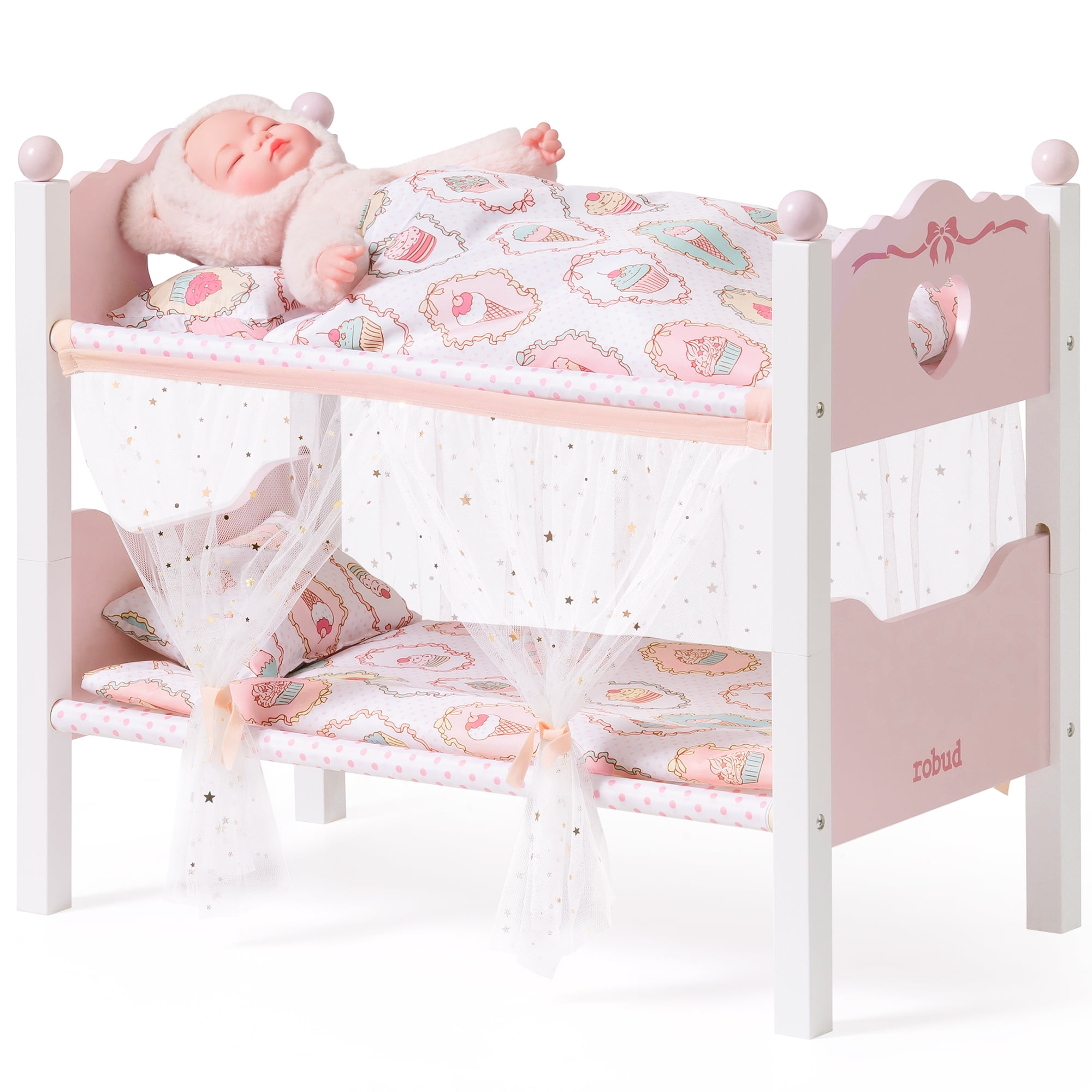 Robud 2-Piece Stackable Doll Bunk Beds, Wooden Crib w/ Star Canopy ...