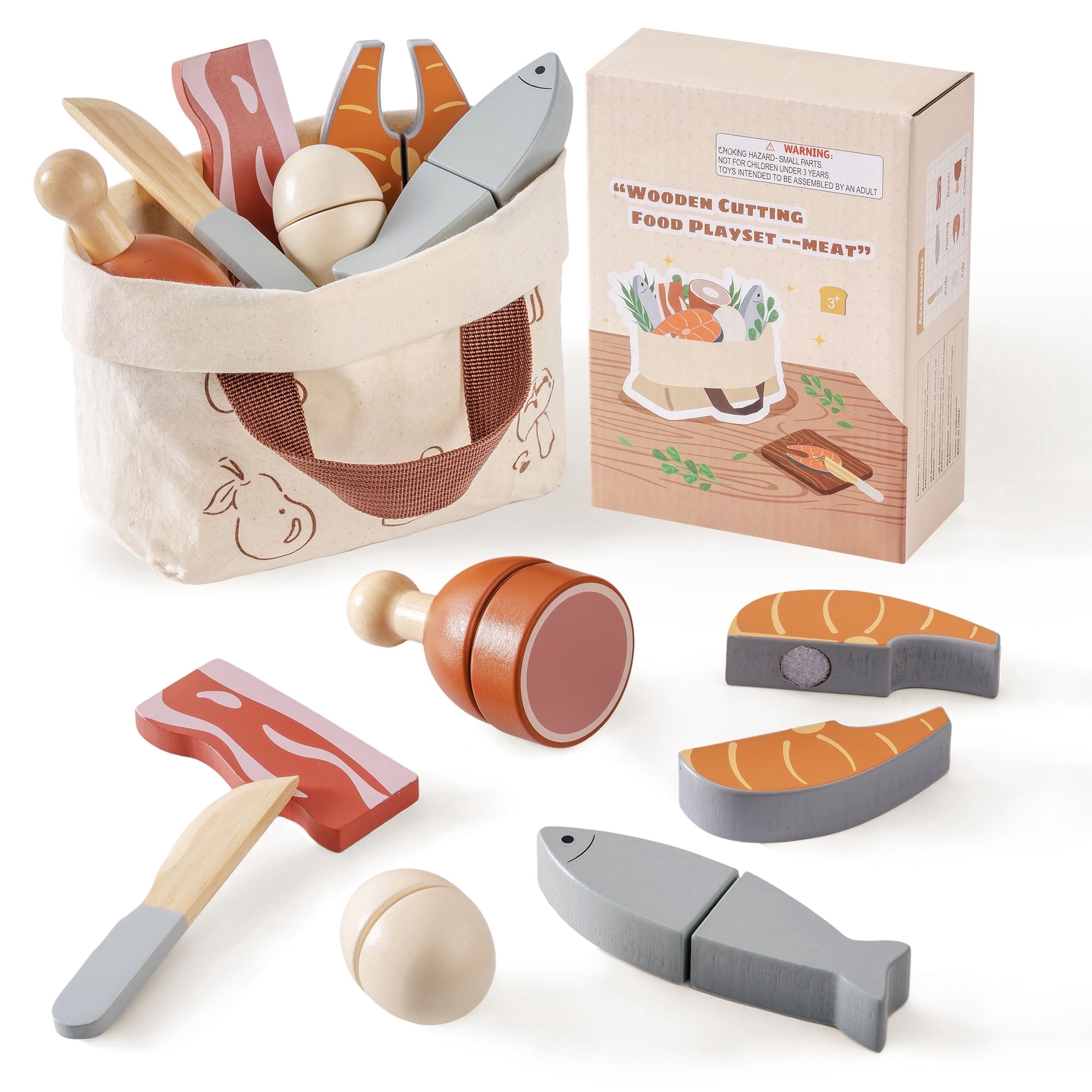Robud 7PCS Wooden Cutting Food Playset - Montessori Pretend Kitchen ...