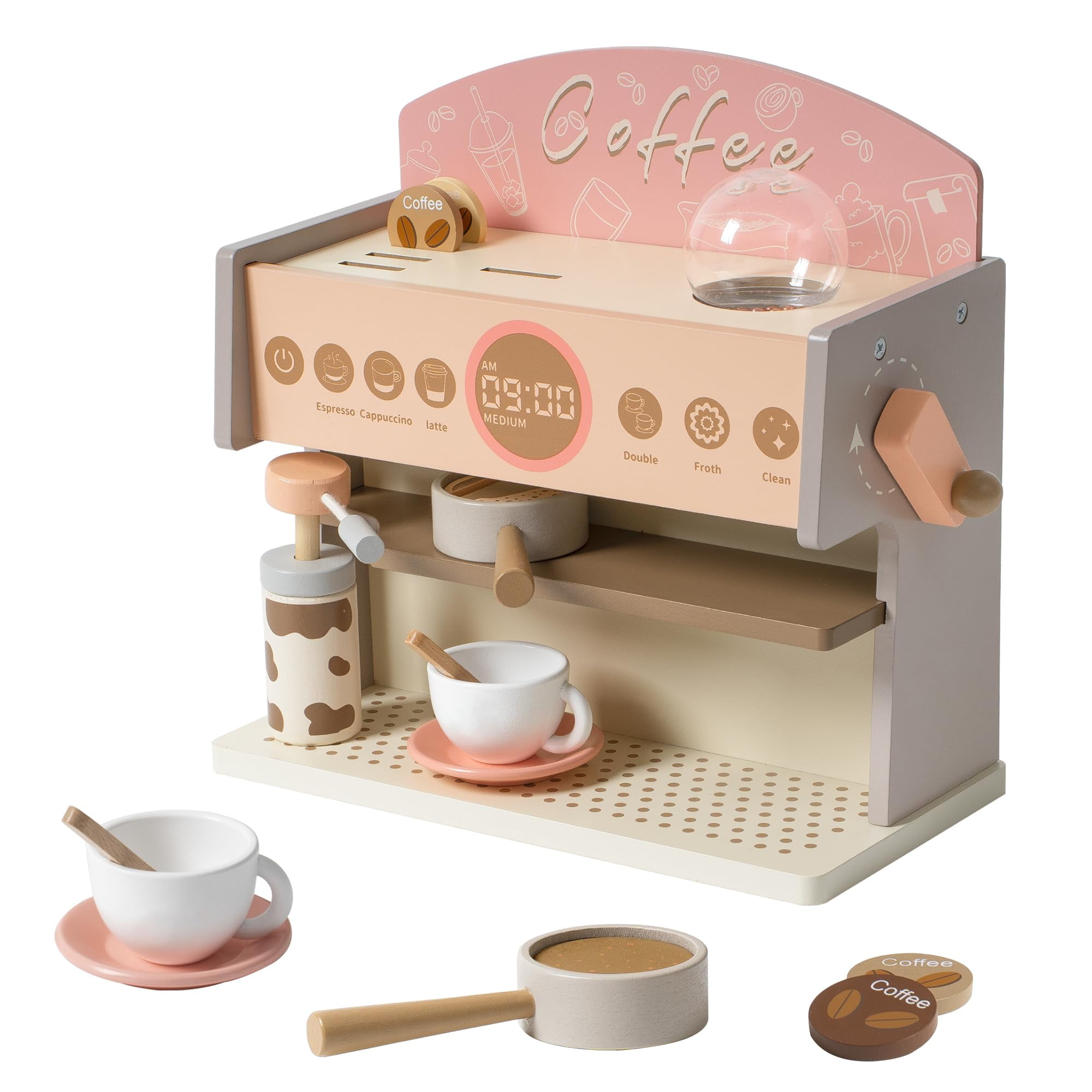 Robud Kids Coffee Maker with Grinder, Wooden Toy Coffee Maker Espresso ...