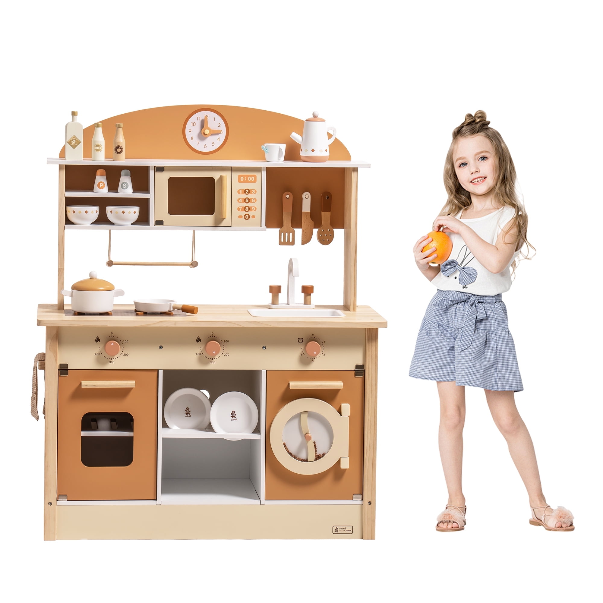 Robud Kids Wooden Kitchen Play Set Pretend Playset Toy with Play Cooker ...