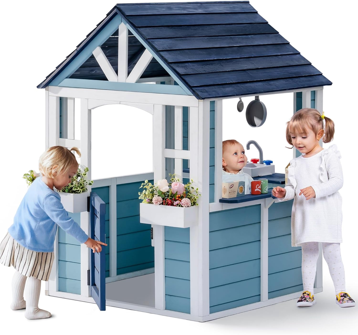 Robud Outdoor Wooden Playhouse for Kids, Play Cottage with Toy Sink ...