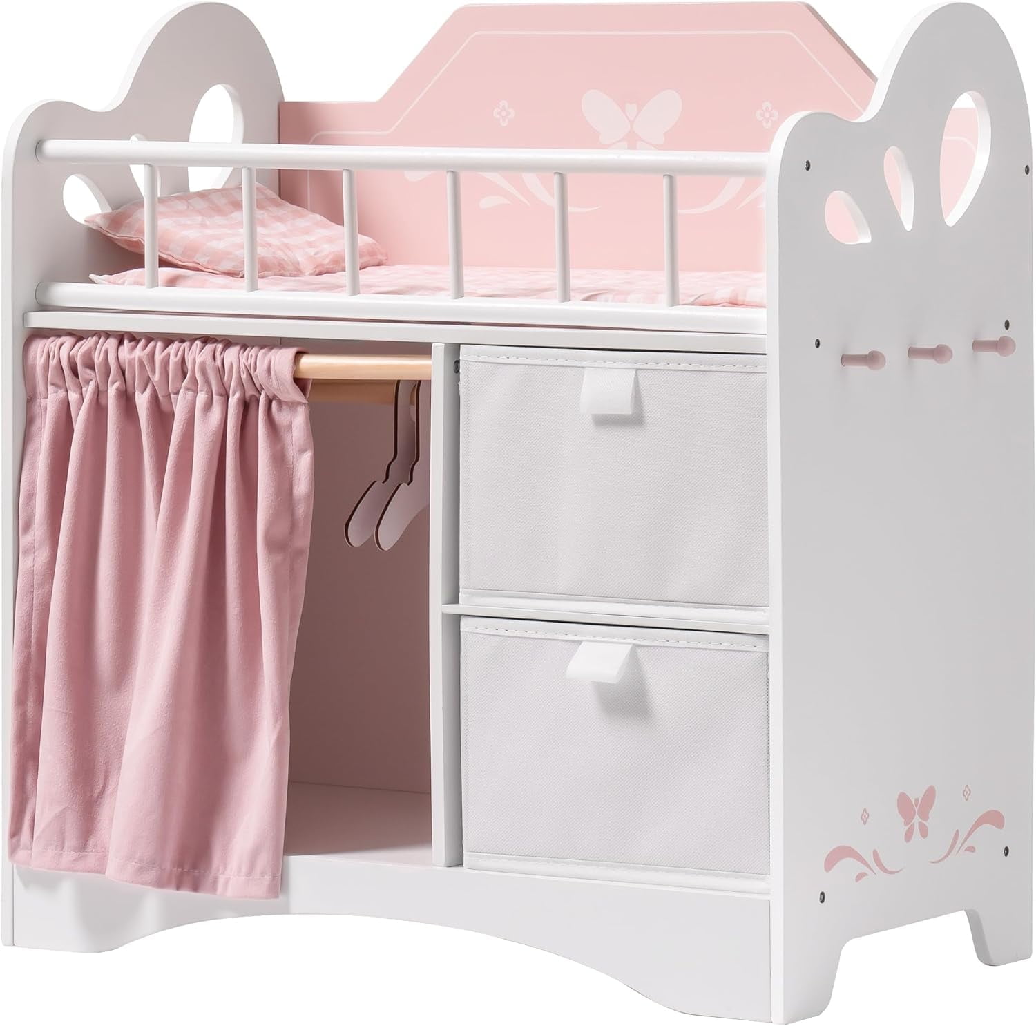 Robud Wooden Baby Doll Crib, Pink, with Storage and Bedding, Pretend ...