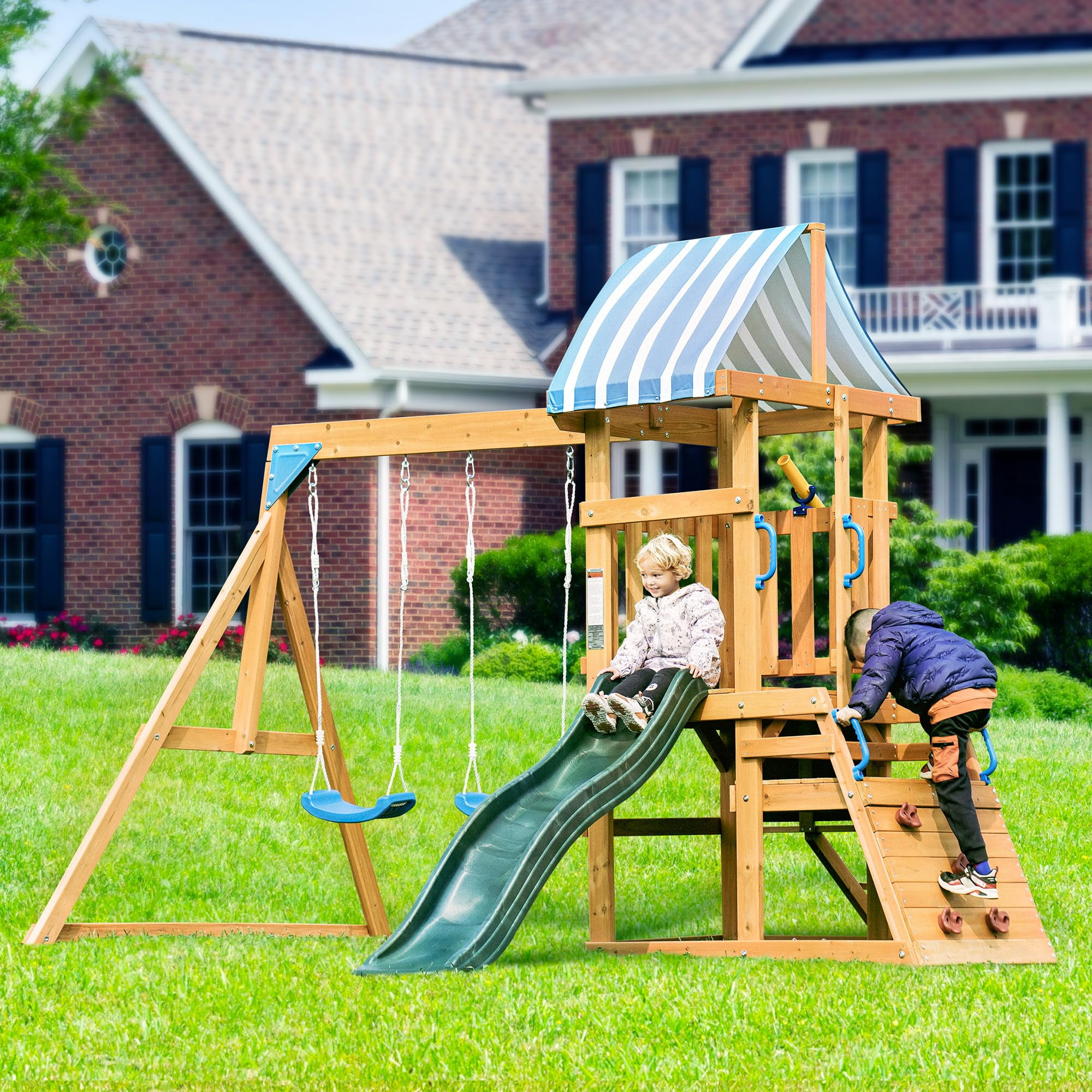 Robud Wooden Outdoor Swing Set, with Dual Swings, Slide, Rock Climbing ...