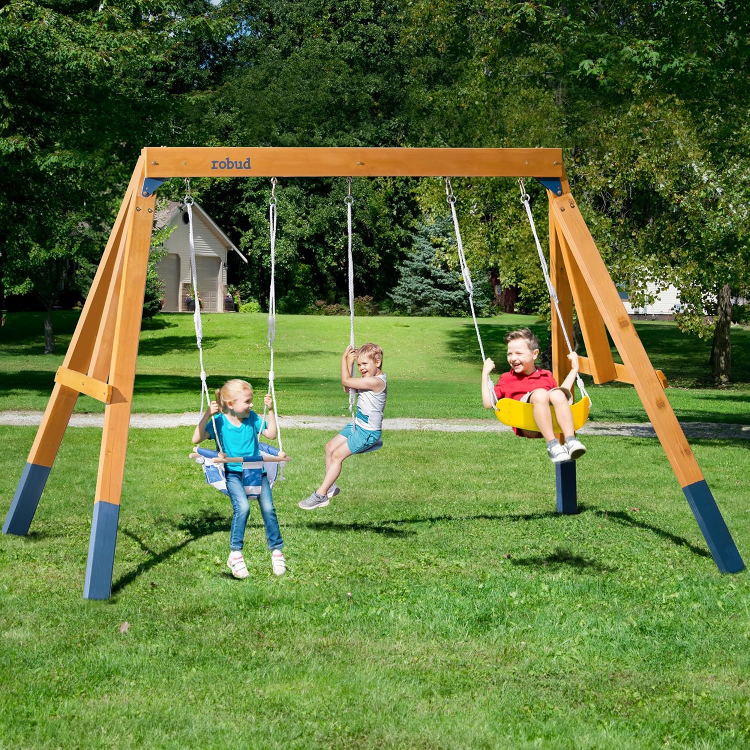 Robud Wooden Outdoor Swing Set With Three Swings And Trapeze Bar Robud Wooden Outdoor Swing Set With Three Swings And Trapeze Bar