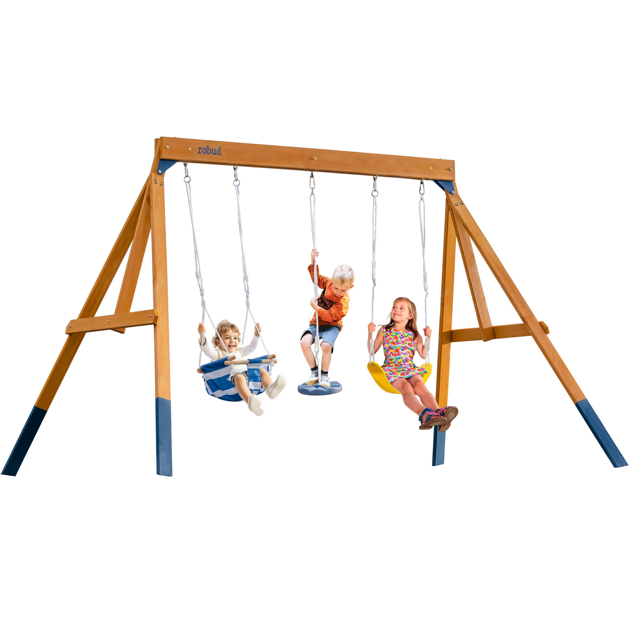 Robud Wooden Outdoor Swing Set, with Three Swings and Trapeze Bar ...