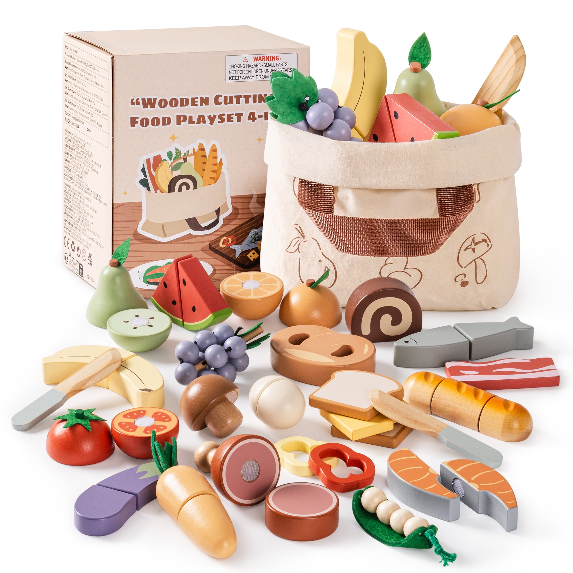 Robud Wooden Play Food 4-in-1 Cutting Set, Pretend Play Toy Food for ...