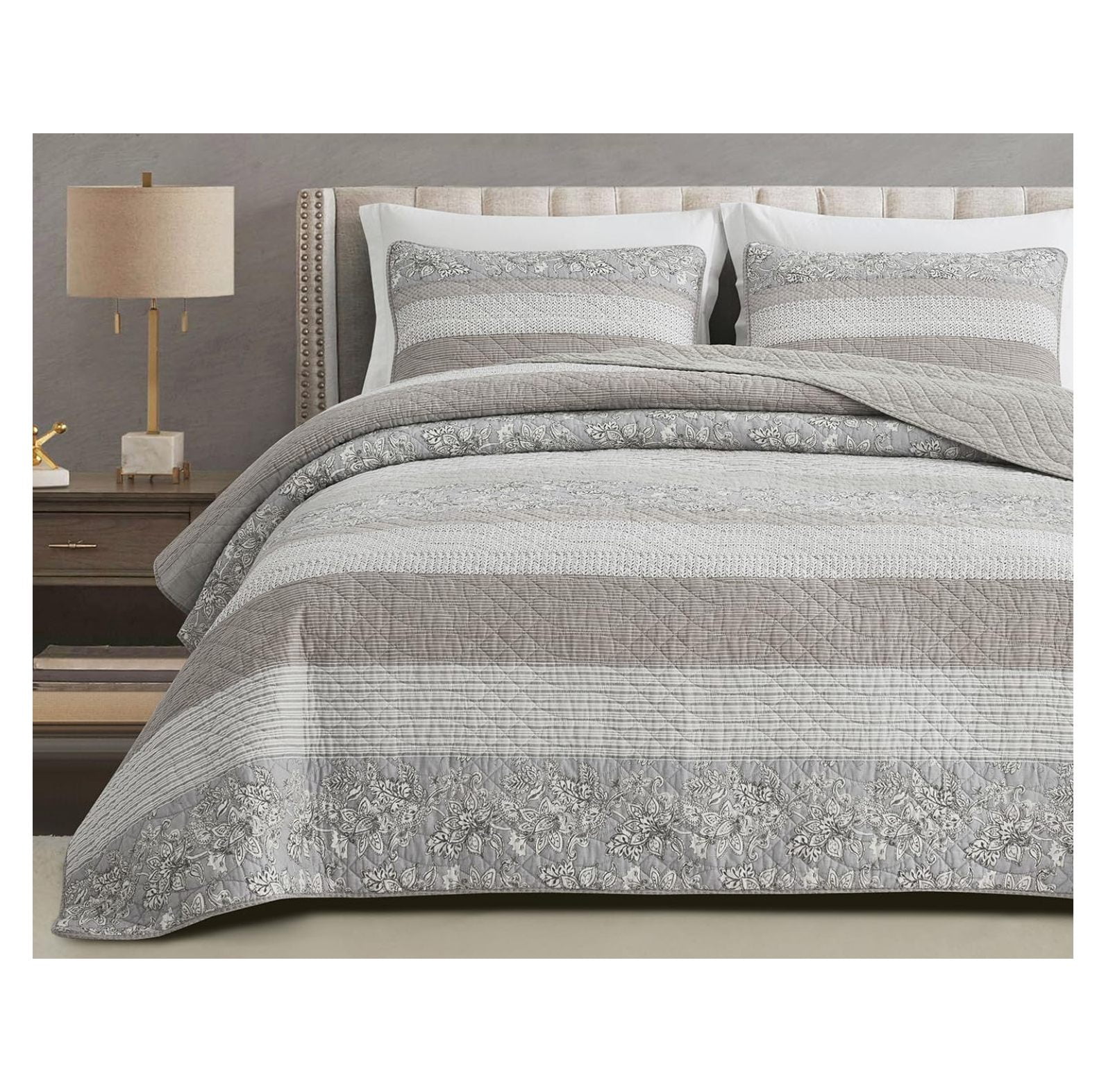 Robyn 3-Piece Neutral Taupe Gray White Floral Hibiscus Flower Patchwork ...