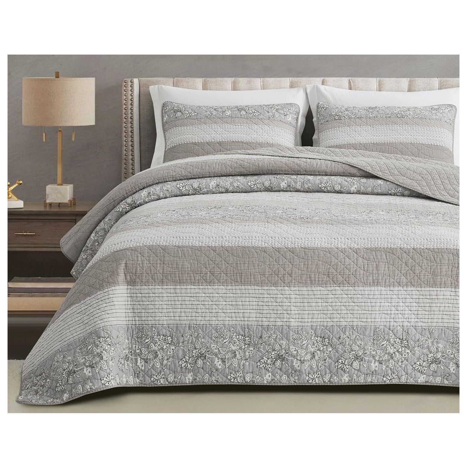 Robyn 3-Piece Neutral Taupe Gray White Floral Hibiscus Flower Patchwork ...