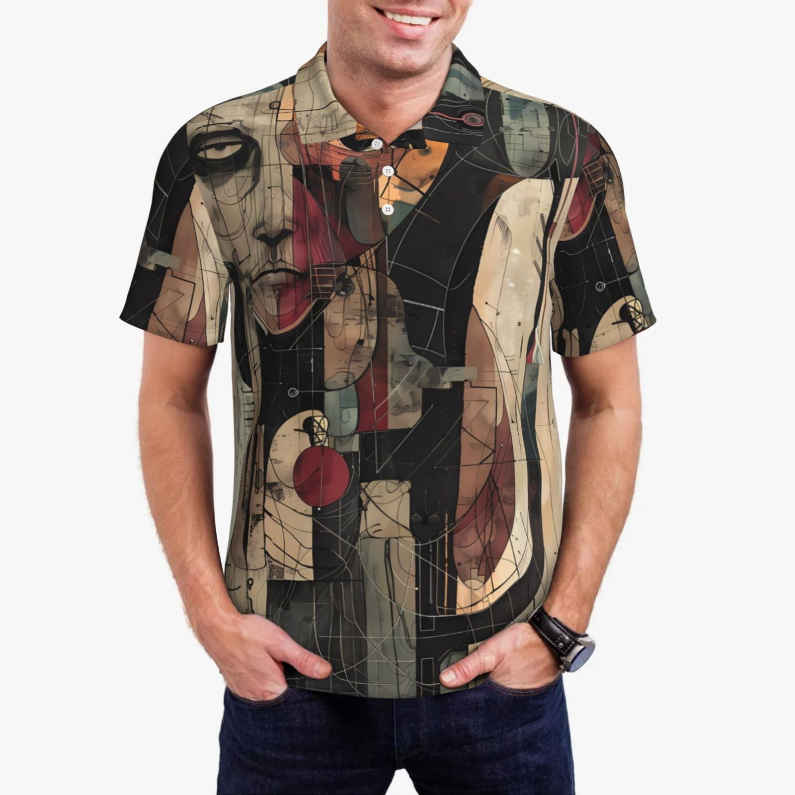 Rocae Abstract Geometric Faces for Men's Short Sleeve Polo Shirt, Quick ...