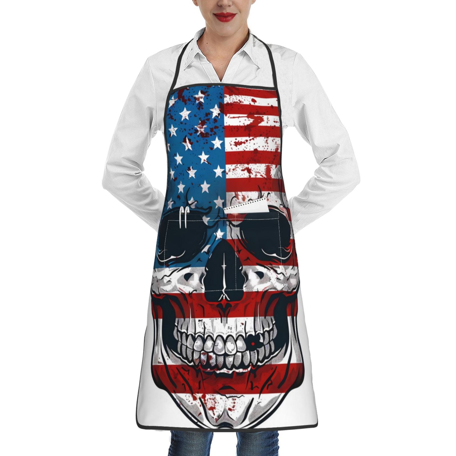 Rocae American Flag Skull for Kitchen Aprons for Women Adjustable ...