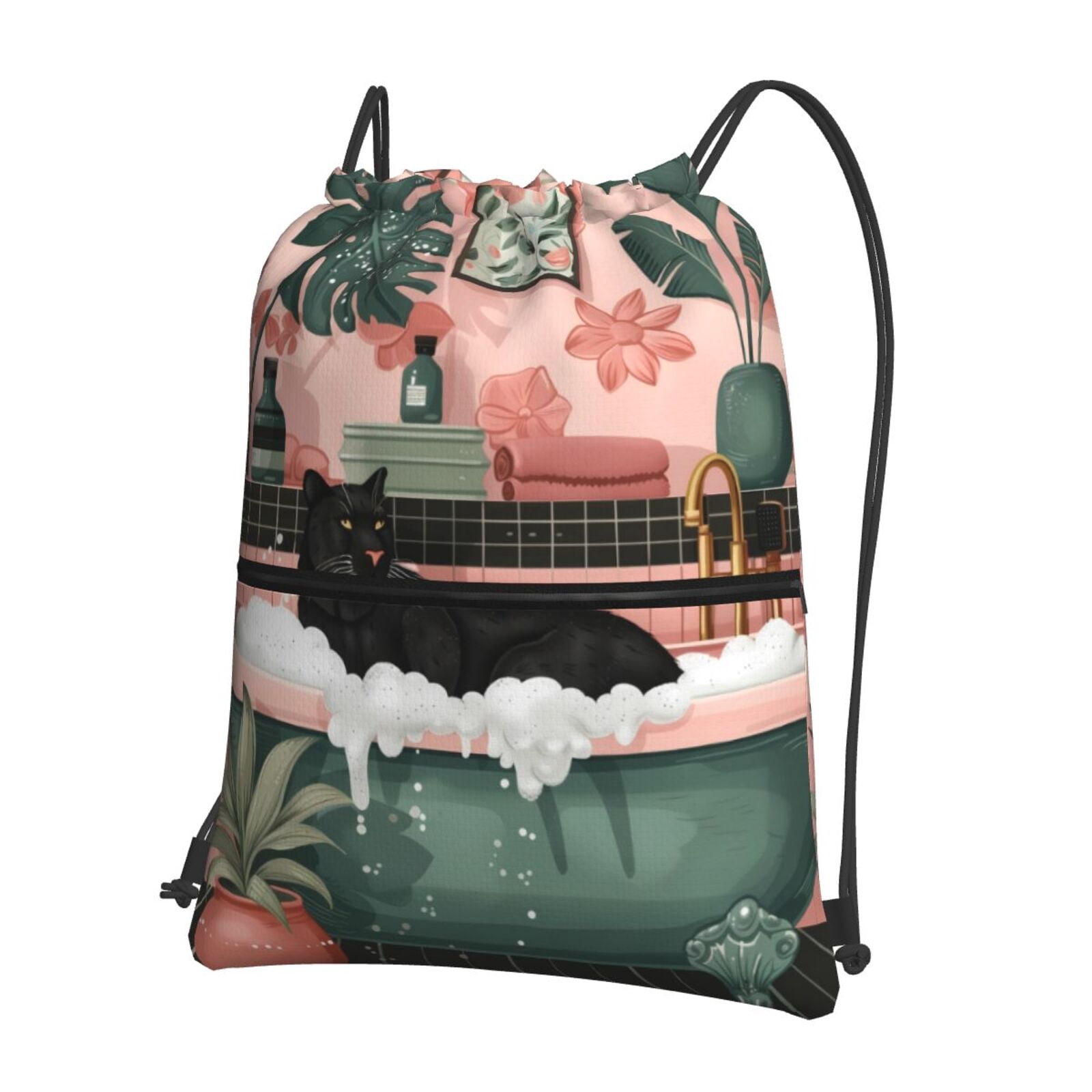 Rocae Black Cat Pink Bathroom for Drawstring zipper Backpack Gym ...