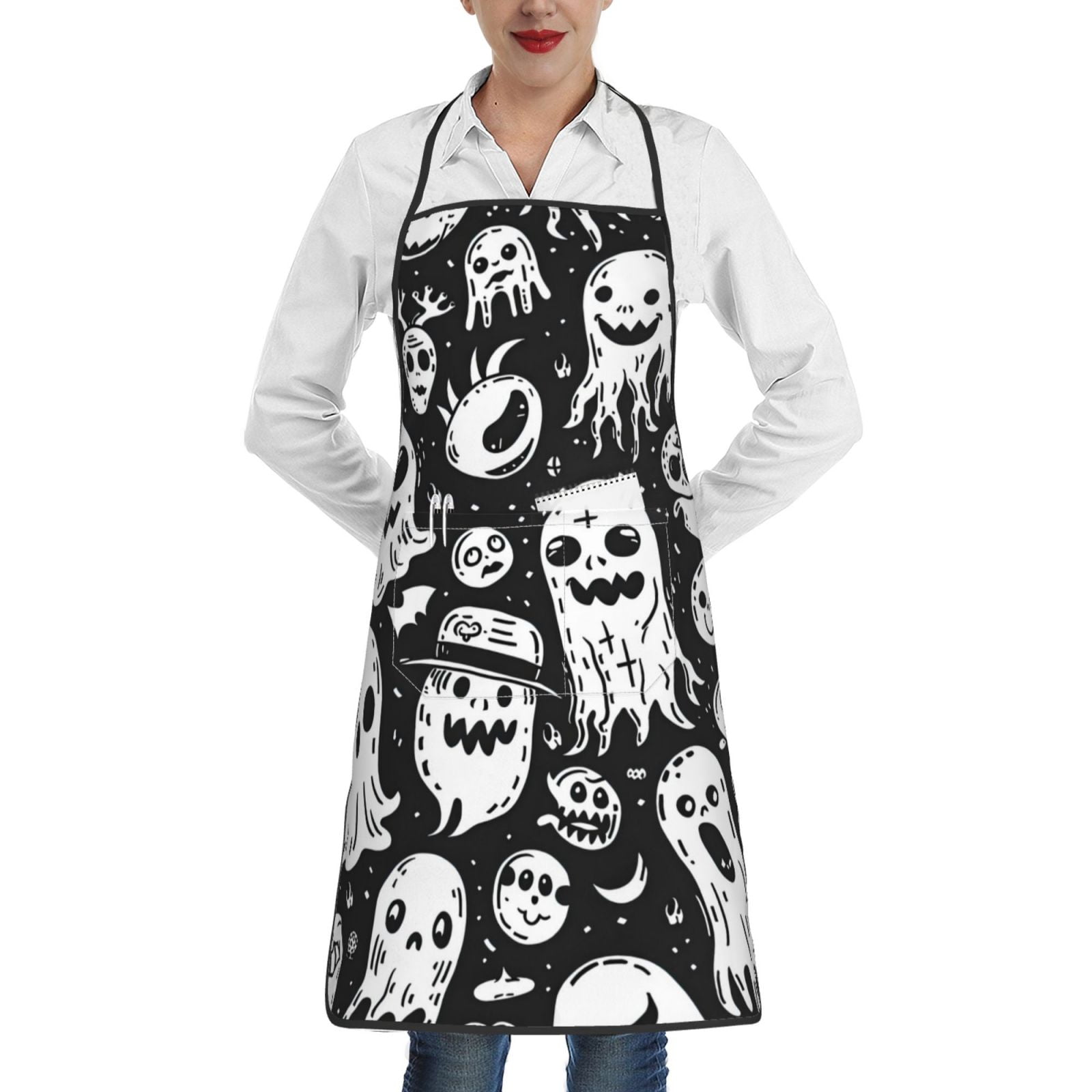 Rocae Black White Spooky Ghosts for Kitchen Aprons for Women Adjustable ...