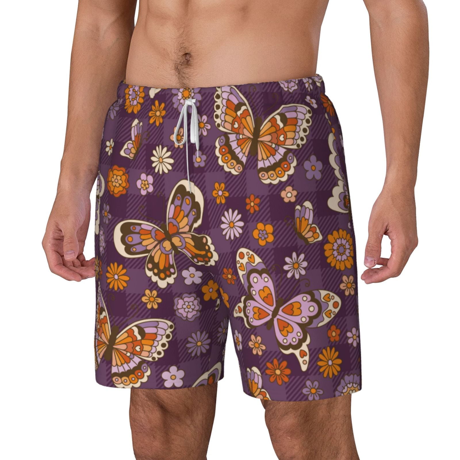 Rocae Buffalo Plaid and Butterflys for Men's Swim Trunks Quick Dry With ...