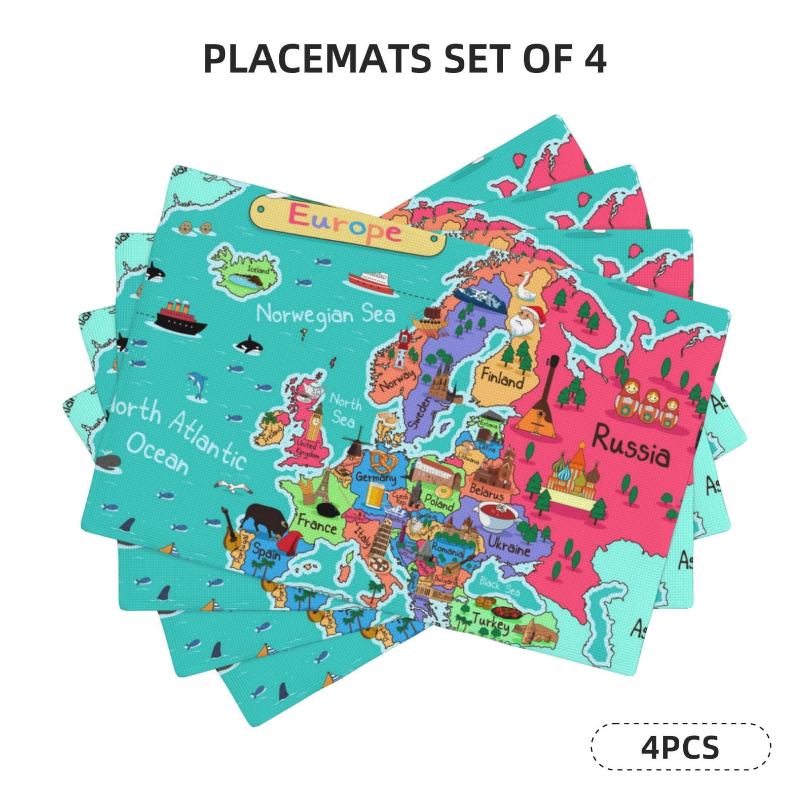 Rocae Cartoon Map Of Europe Printed Heat Resistant Place Mats,Classic ...