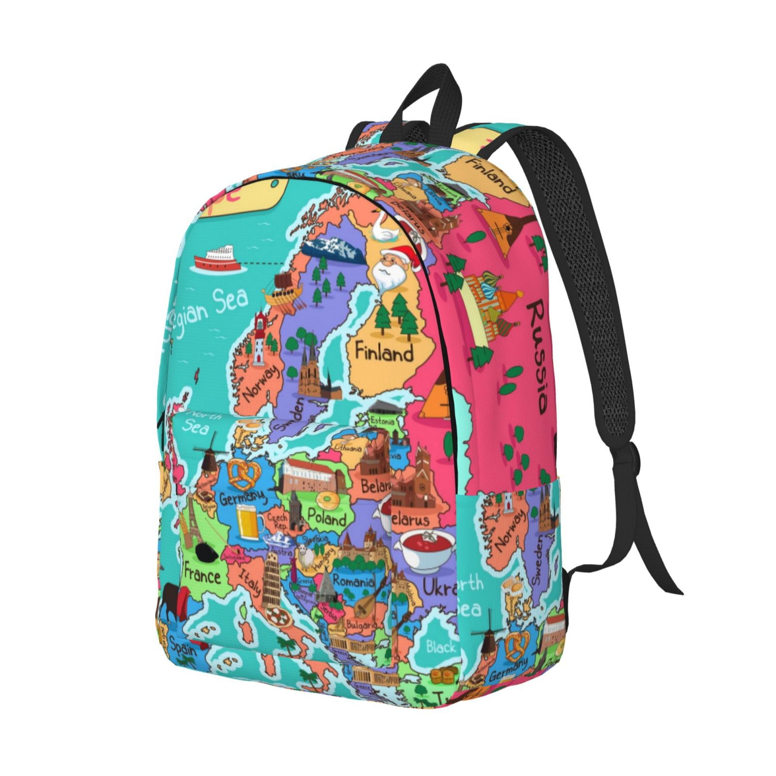 Rocae Cartoon Map Of Europe for Durable Canvas Backpack Leisure Large ...