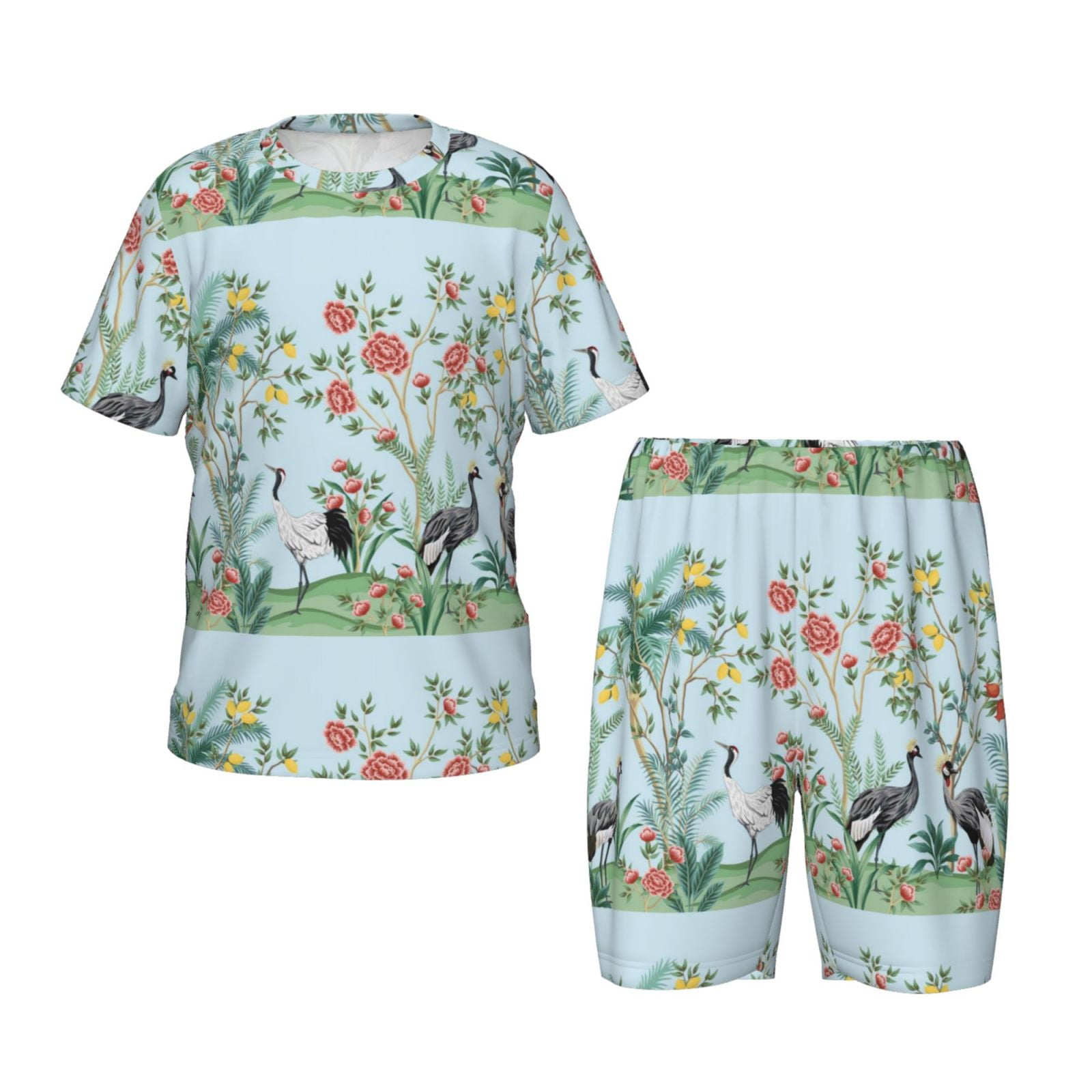Rocae Chinoiserie Floral Palm Tree for Short-Sleeved Summer Pajama Set ...