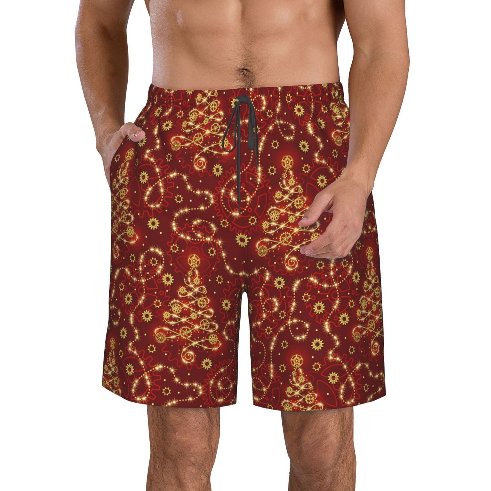 Rocae Christmas Tree On A Red Background for Men's Beach Shorts Casual ...