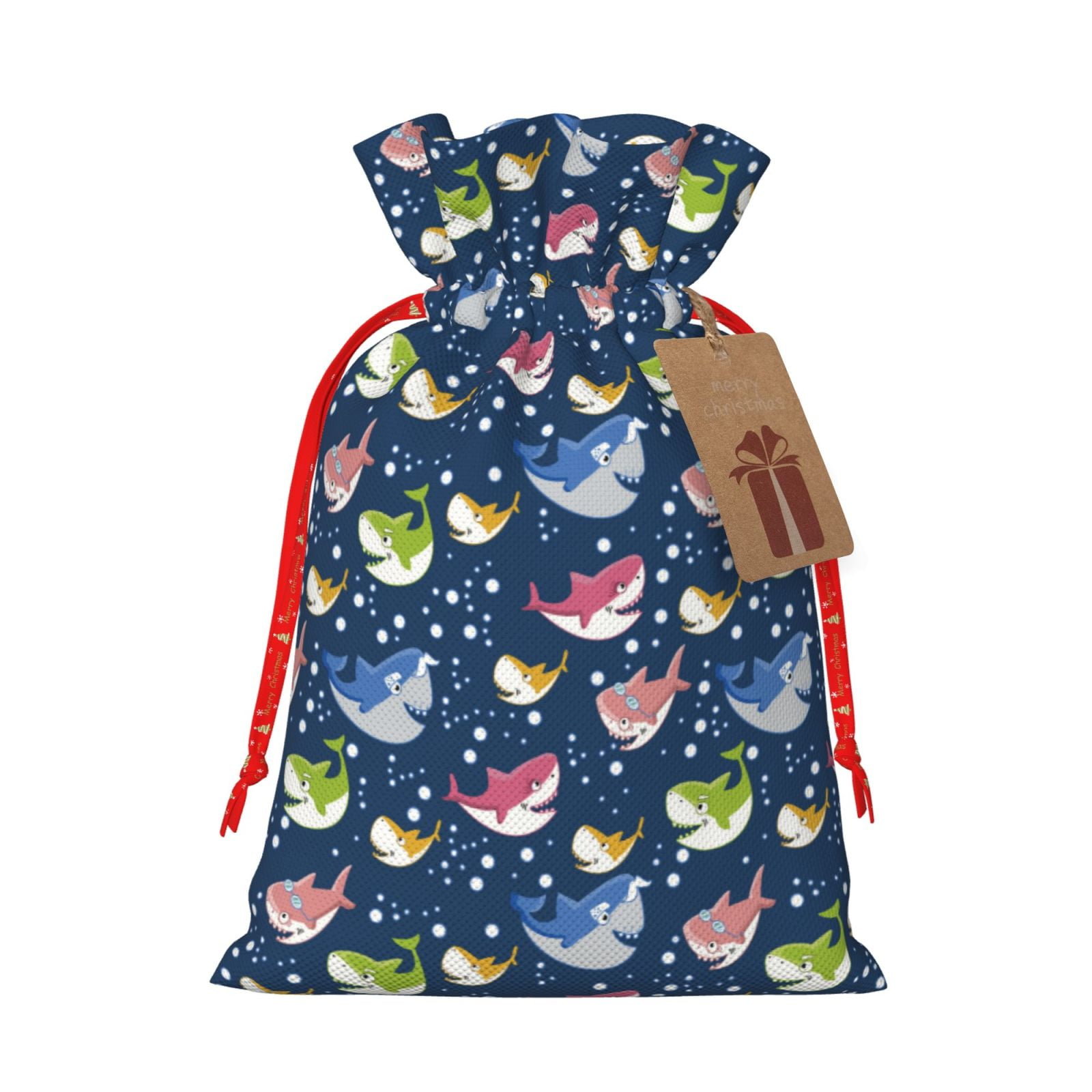 Rocae Colorful Cartoon Shark for Christmas Drawstring Linen Gift Bag ...