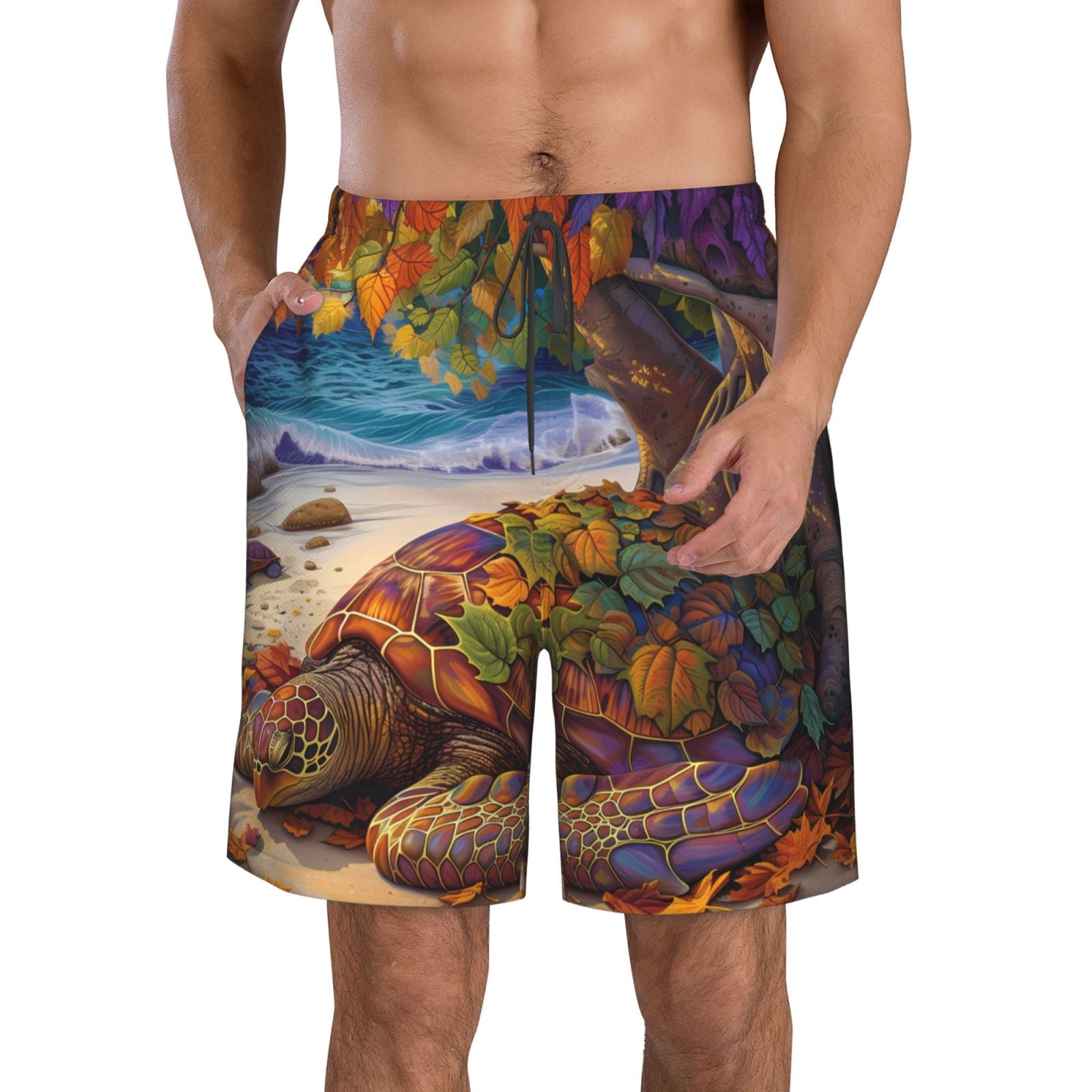 Rocae Colorful Maple Leaf Beach Turtle for Men's Beach Shorts Casual ...