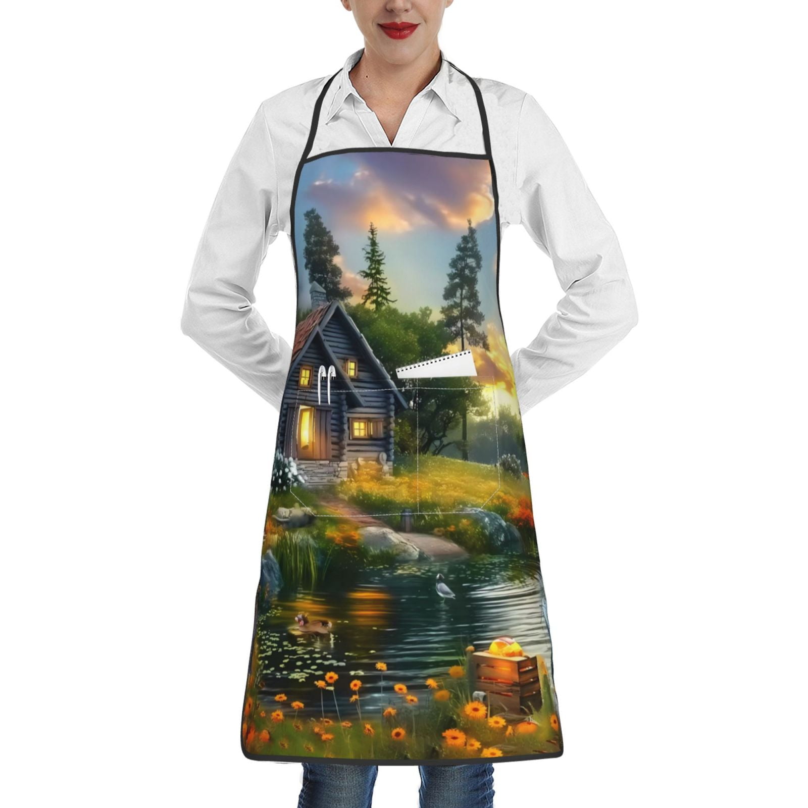 Rocae Cozy Cottage Lakeside Sunset for Kitchen Aprons for Women ...