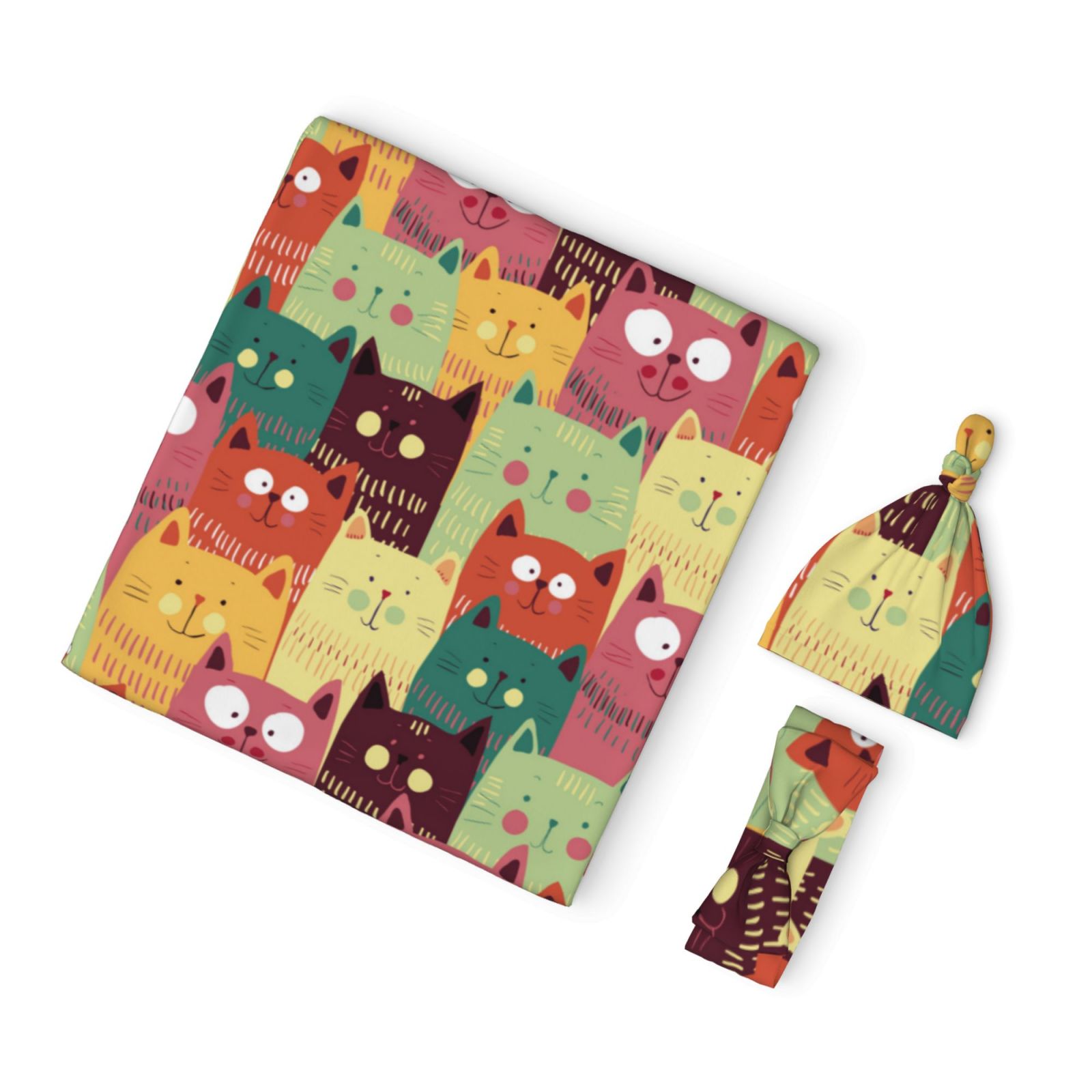 Rocae Cute Cartoon Cat for Newborn Swaddle Set with Matching Beanie Hat ...