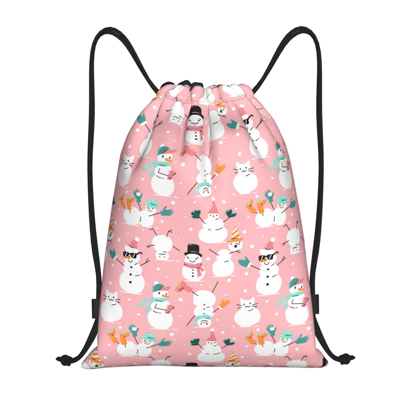 Rocae Cute Pink Snowman Cat for Gym Bag Drawstring Bags Gym Backpack ...