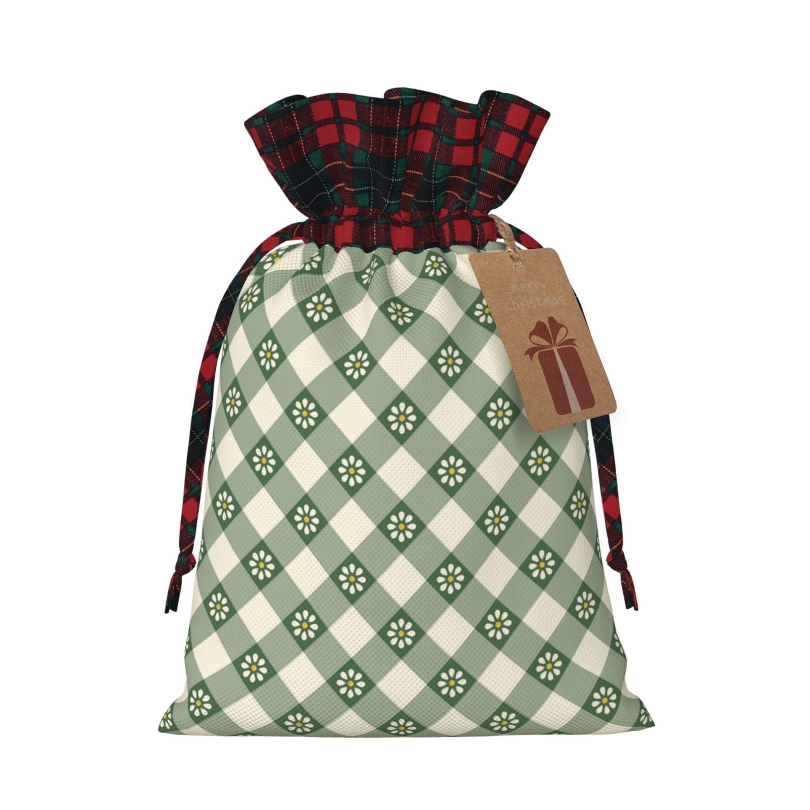 Rocae Daisy Plaid Green Print Christmas Drawstring Linen Gift Bag with ...