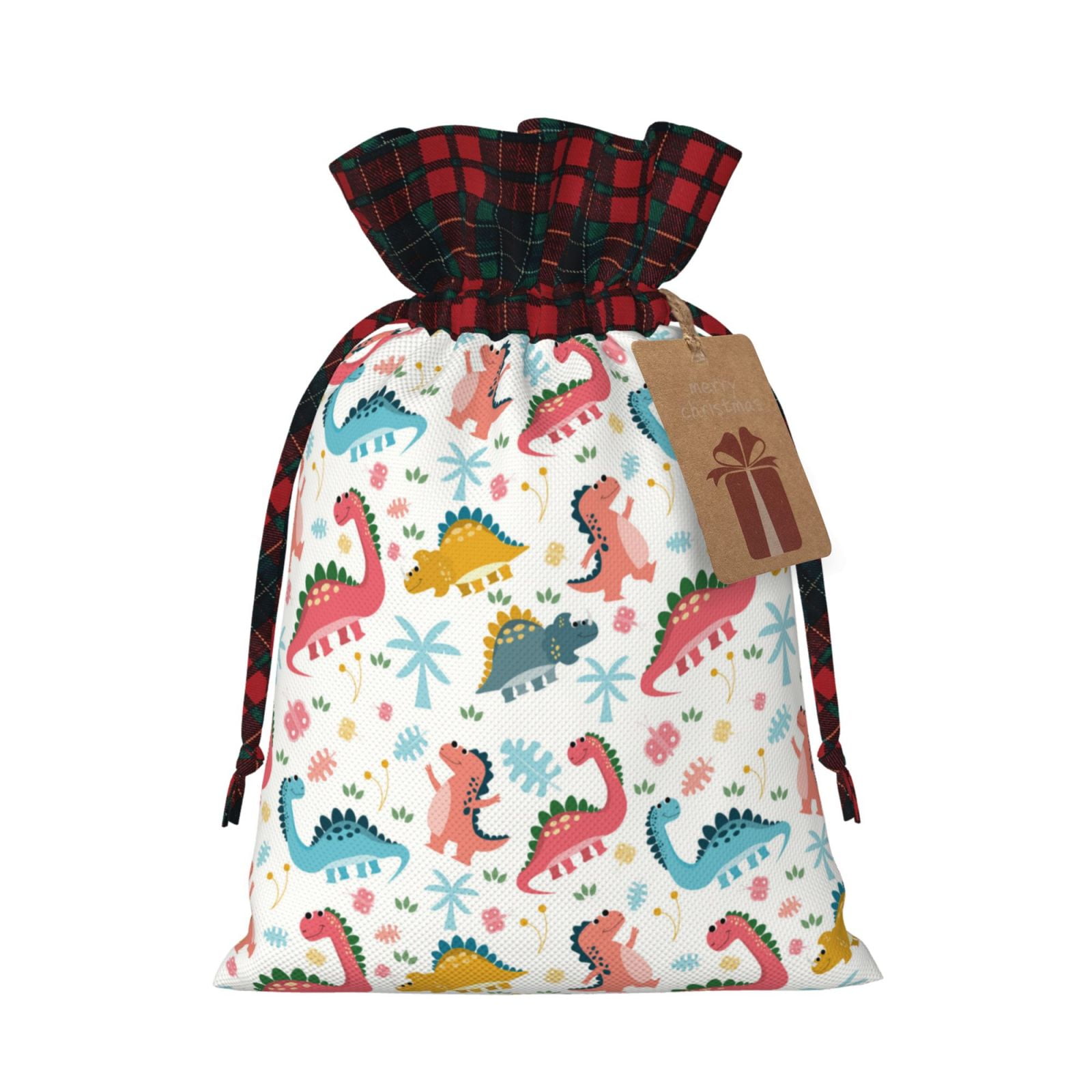 Rocae Dinosaur Print Christmas Drawstring Linen Gift Bag with ...