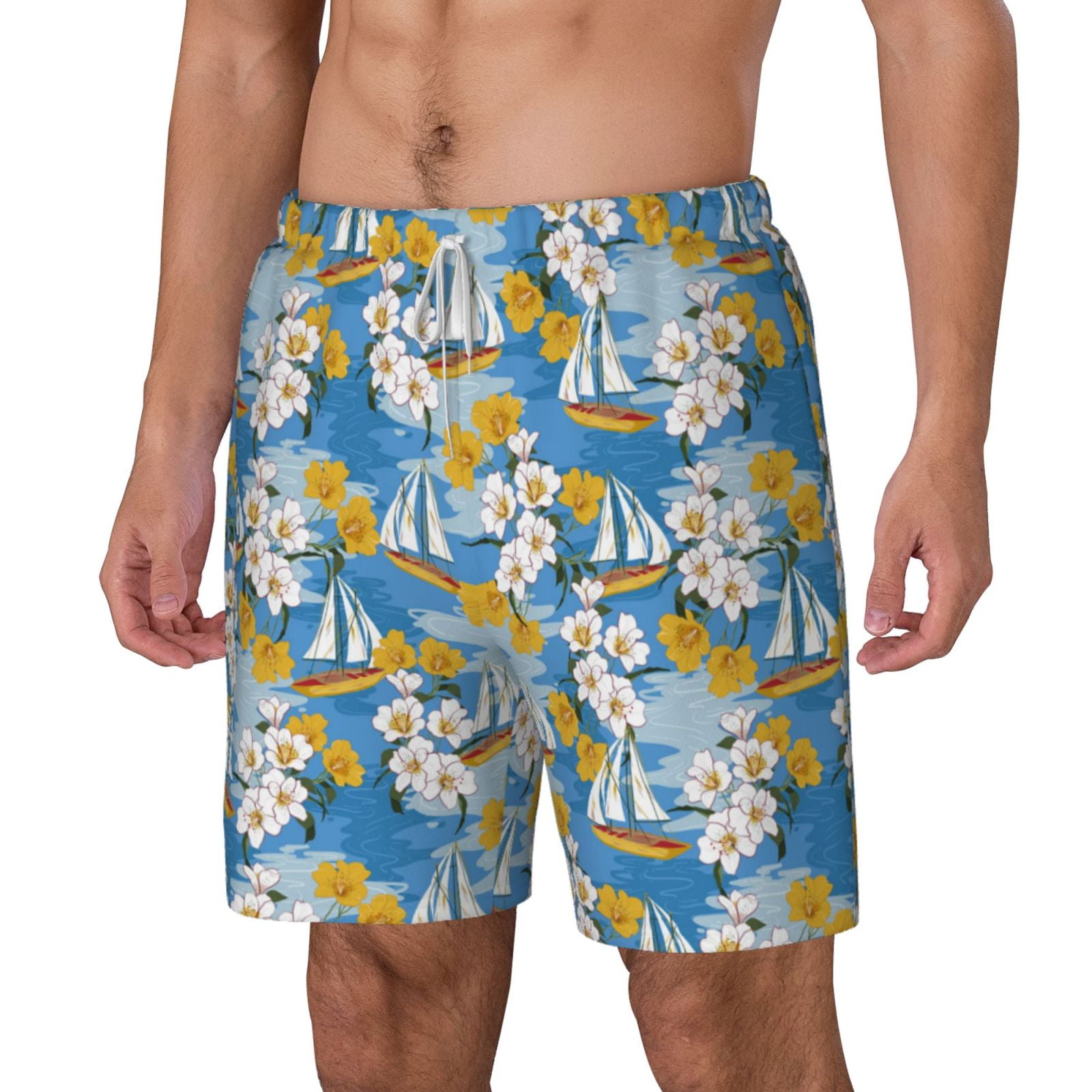 Rocae Flower and Sail Boat for Men's Swim Trunks Quick Dry With Two ...