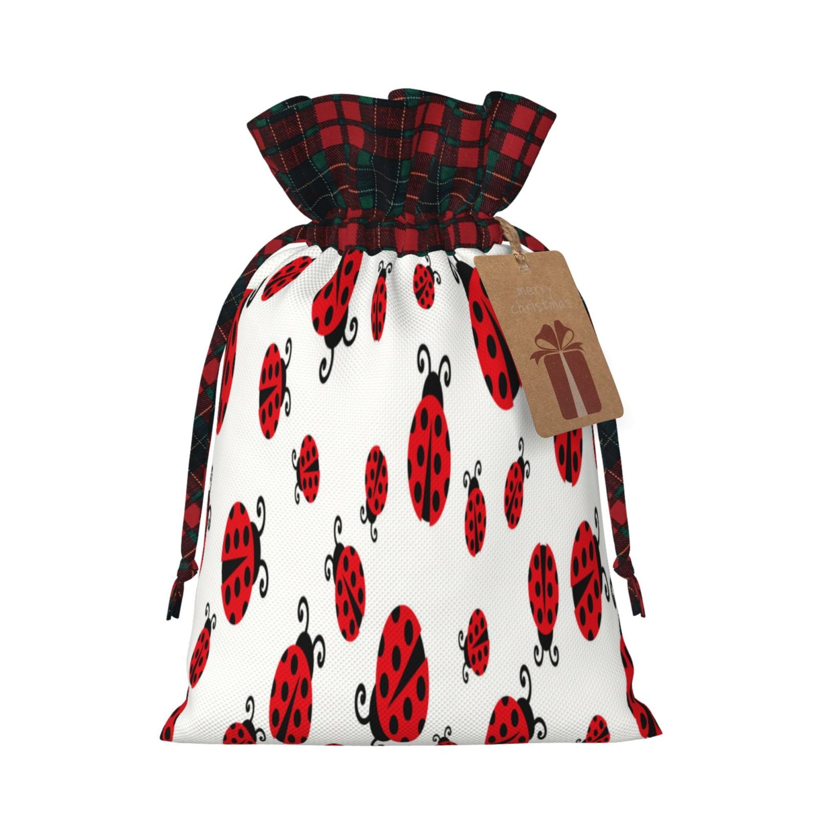 Rocae Fly Flying Ladybug Print Christmas Drawstring Linen Gift Bag with ...